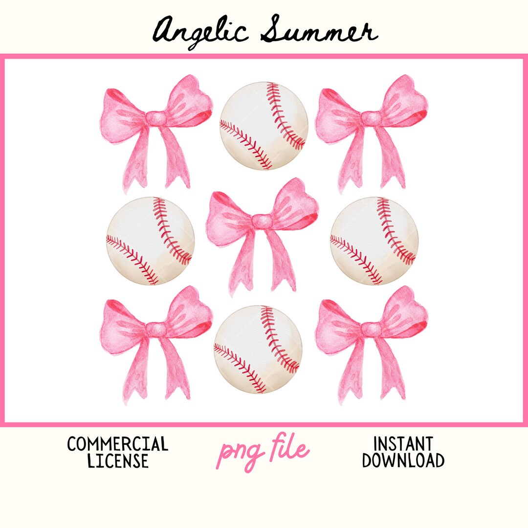 Coquette Baseball PNG Vintage Watercolor Digital File Pink Bow Ribbon ...