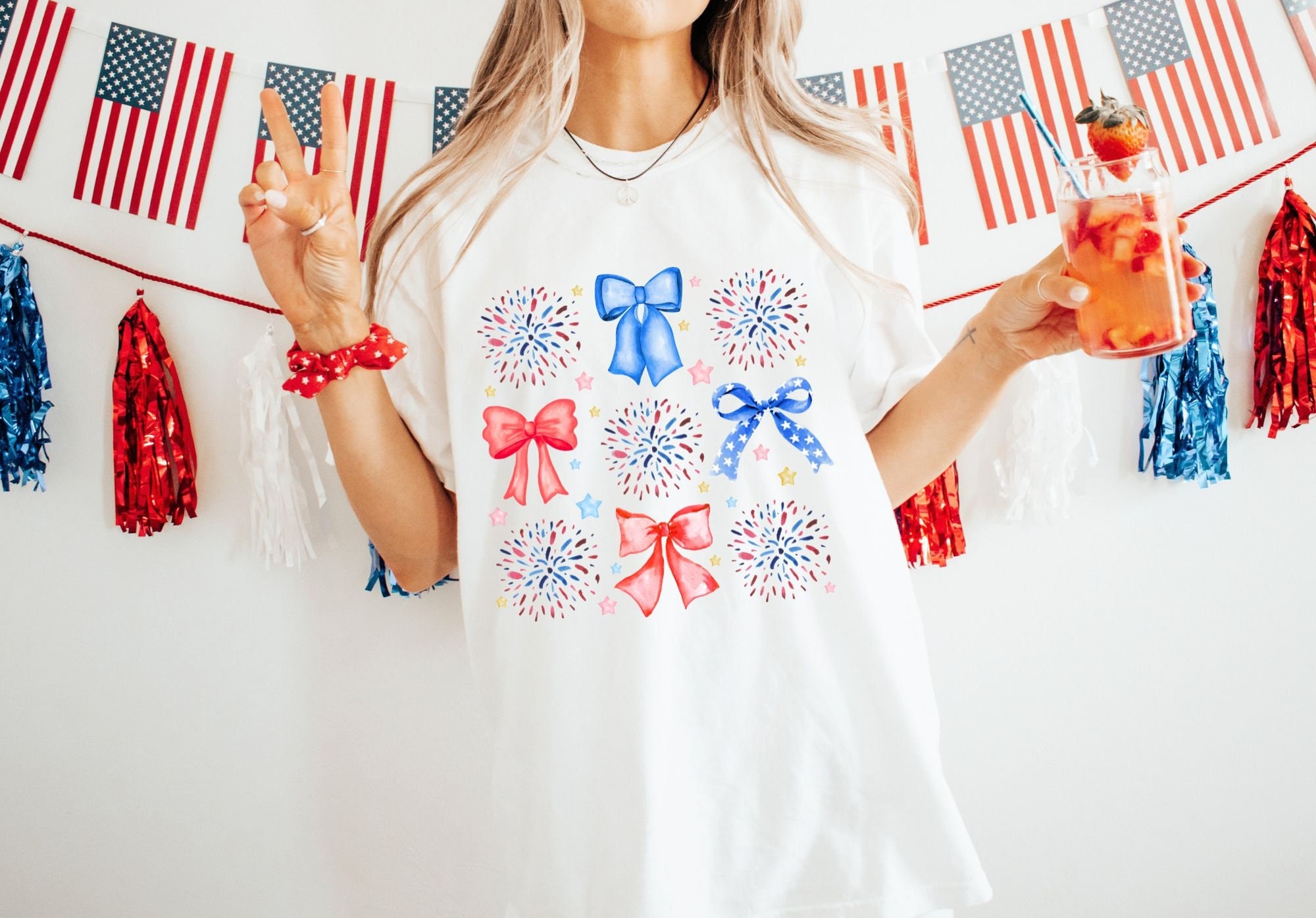 Coquette 4th of July PNG Fireworks 3x3 Preppy Red Blue Bow Patriotic ...