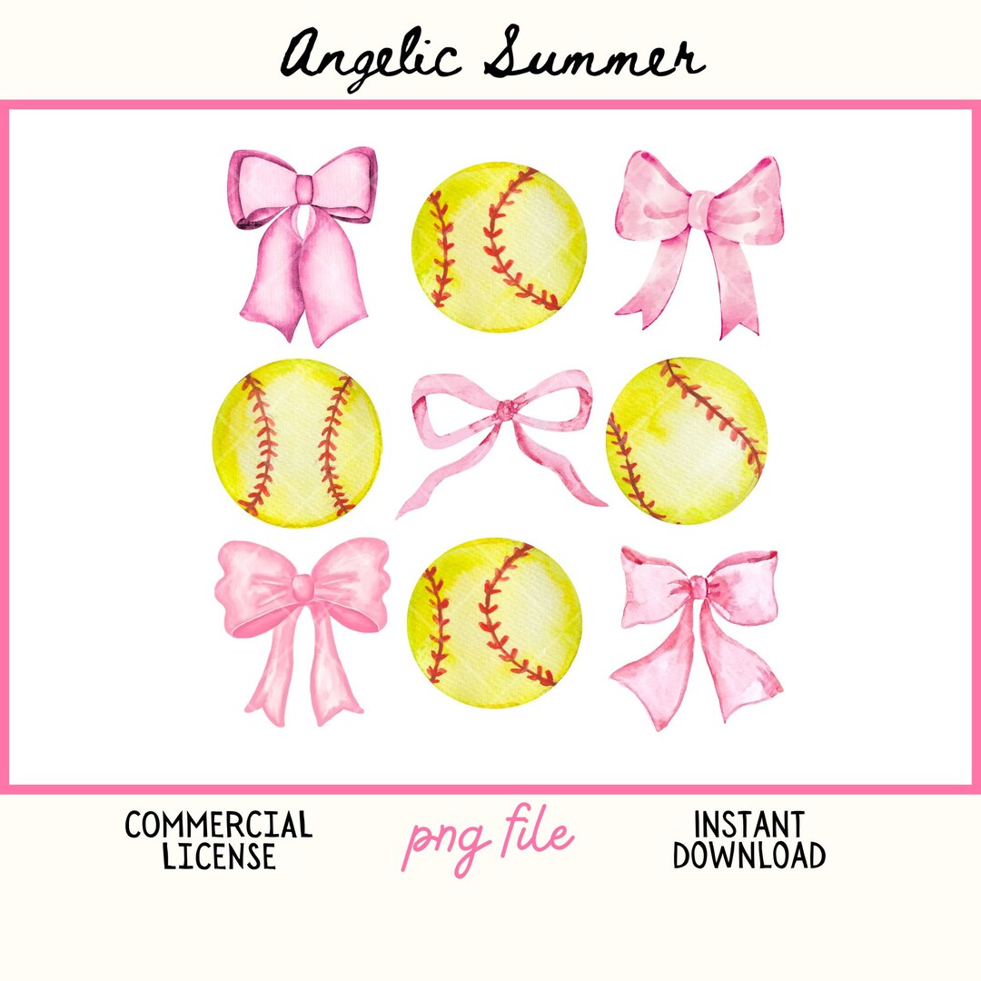 Coquette Softball PNG Vintage Watercolor Digital File Pink Bow Ribbon ...