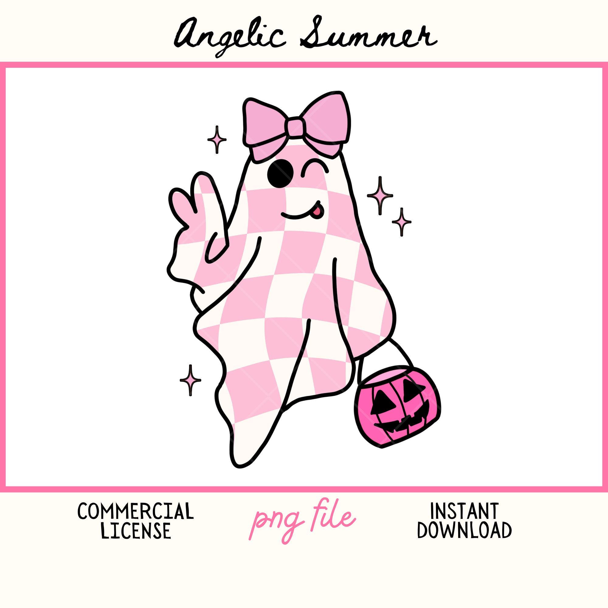 Coquette Ghost Halloween PNG Checkered Ghost With Pink Bow Png Boujie ...