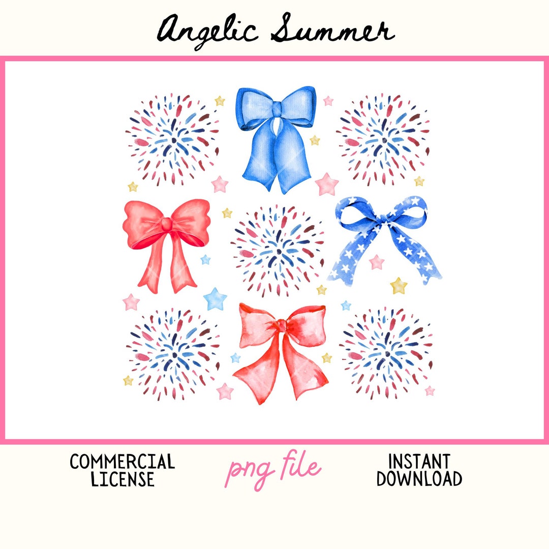 Coquette 4th of July PNG Fireworks 3x3 Preppy Red Blue Bow Patriotic ...