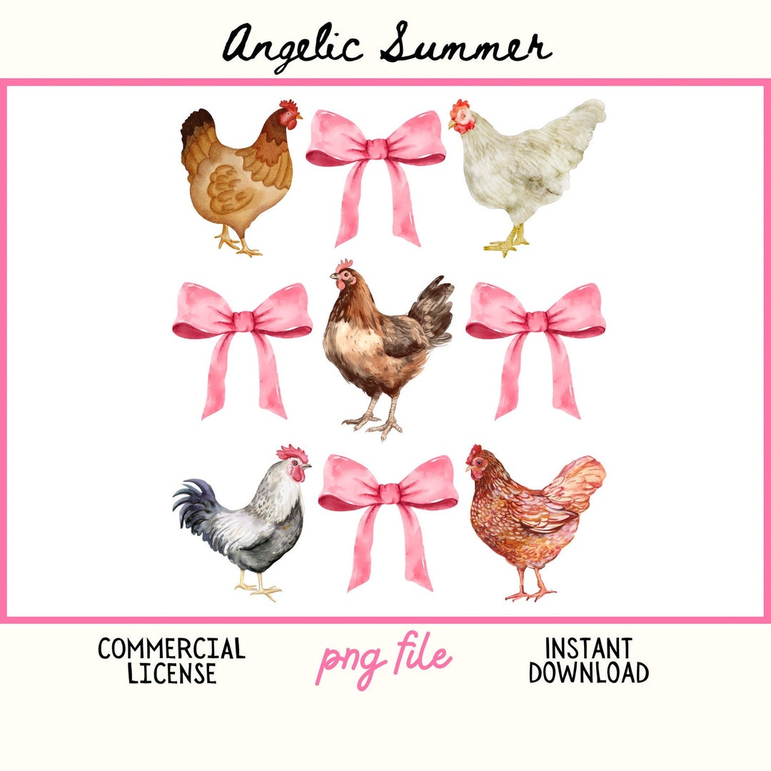 Coquette Chicken PNG 3x3 Pink Bows Retro Animal Lover Farm Cottagecore ...