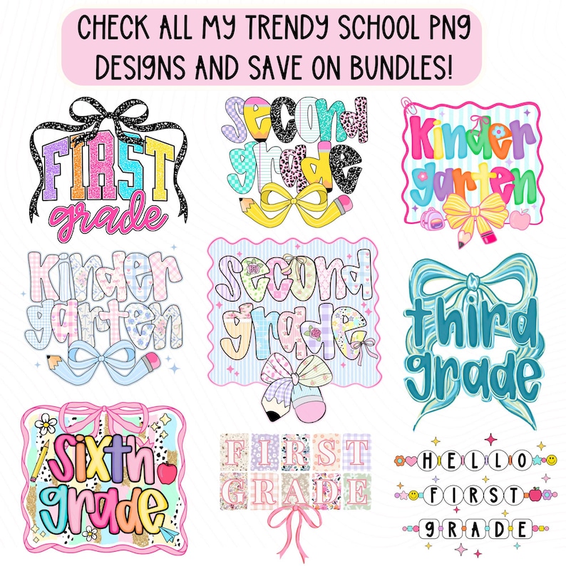 Preppy Back to School PNG Bundle Boho Floral Coquette Pink Bow Grade ...