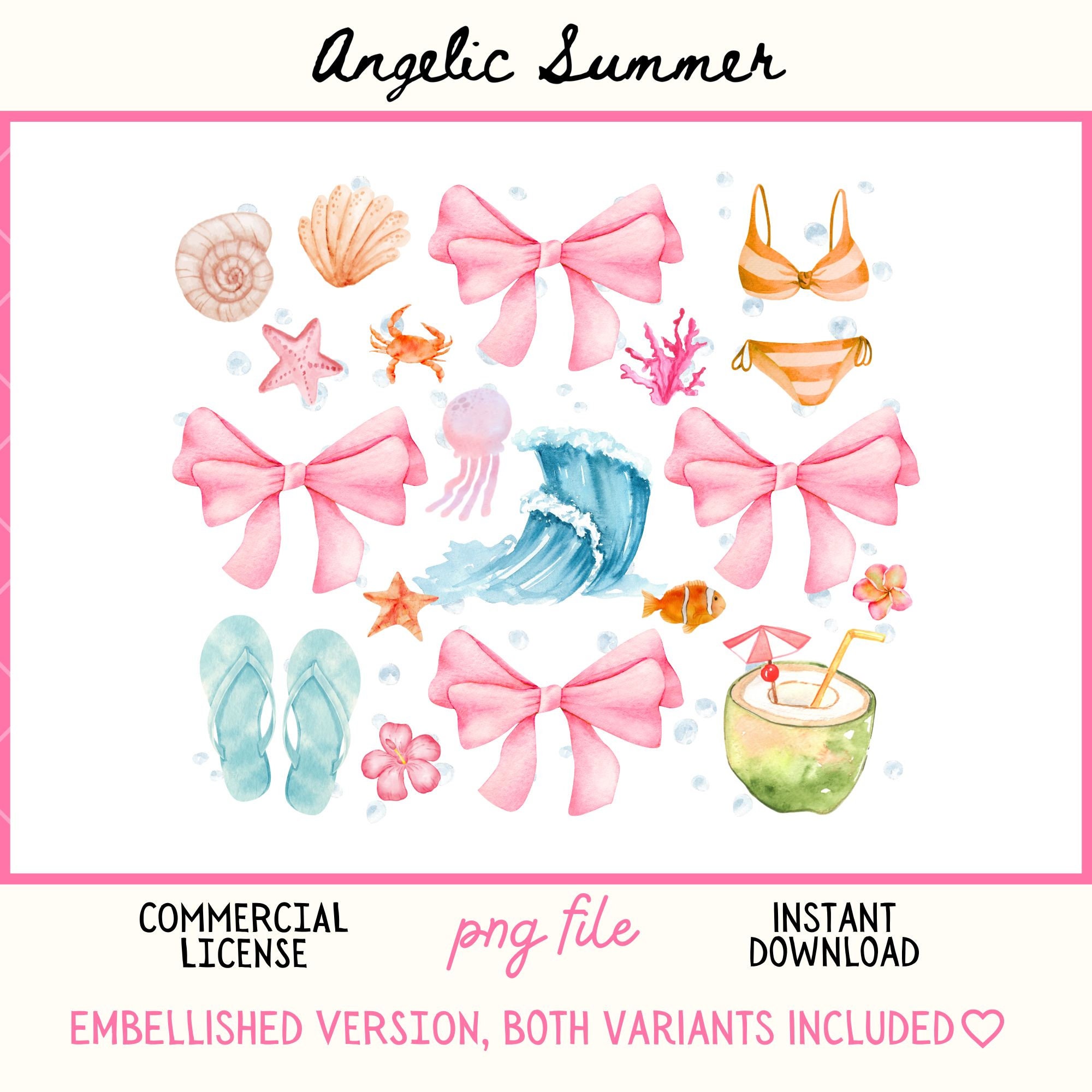 Coquette Summer PNG 3x3 Vacation Pink Bow Collage Watercolor Soft Girls ...