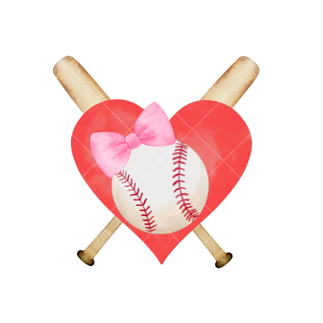 Coquette Baseball Pink Bow and Heart PNG Vintage Watercolor Digital ...