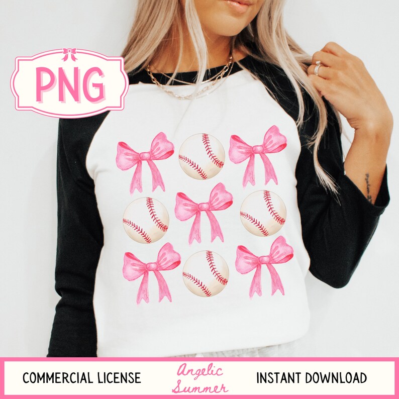 Coquette Baseball PNG Vintage Watercolor Digital File Pink Bow Ribbon ...