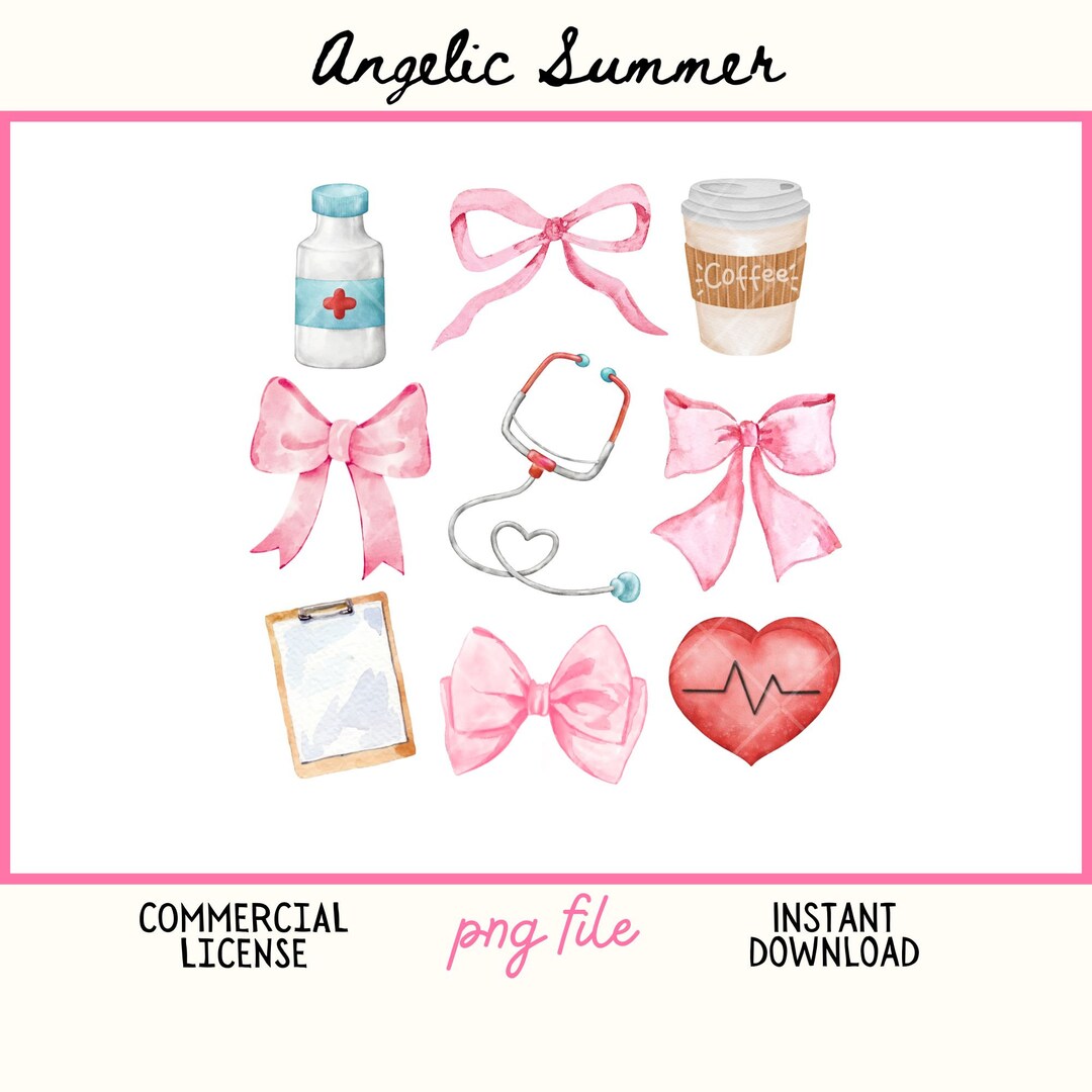 Coquette Nurse PNG 3x3 Pink Bows Preppy Png Watercolor Retro Nurse ...