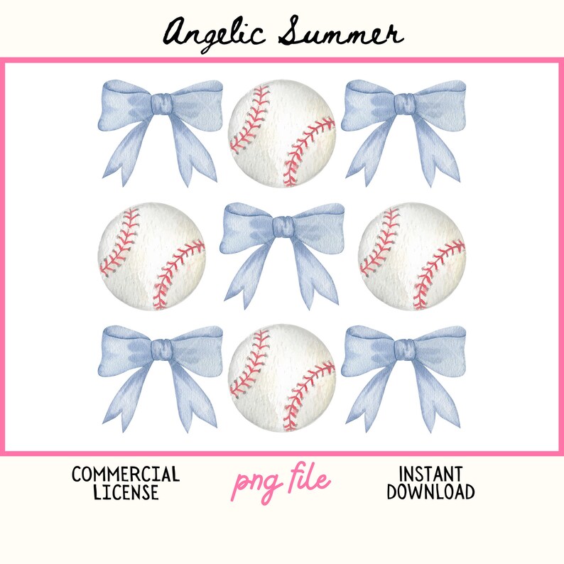 Coquette Baseball PNG Vintage Watercolor Digital File Blue Bow Ribbon ...