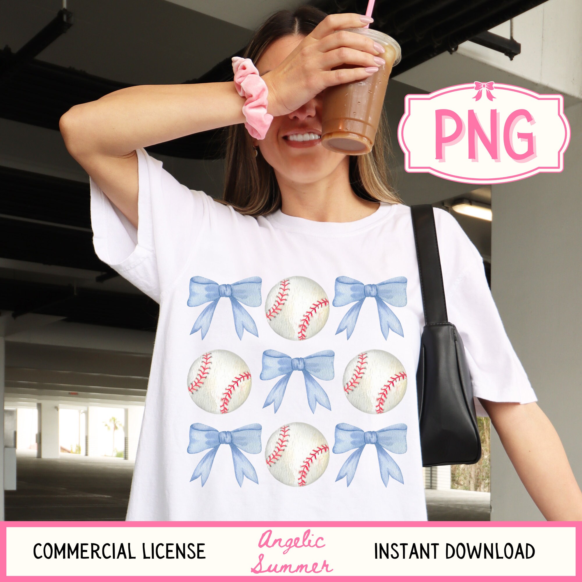 Coquette Baseball PNG Vintage Watercolor Digital File Blue Bow Ribbon ...