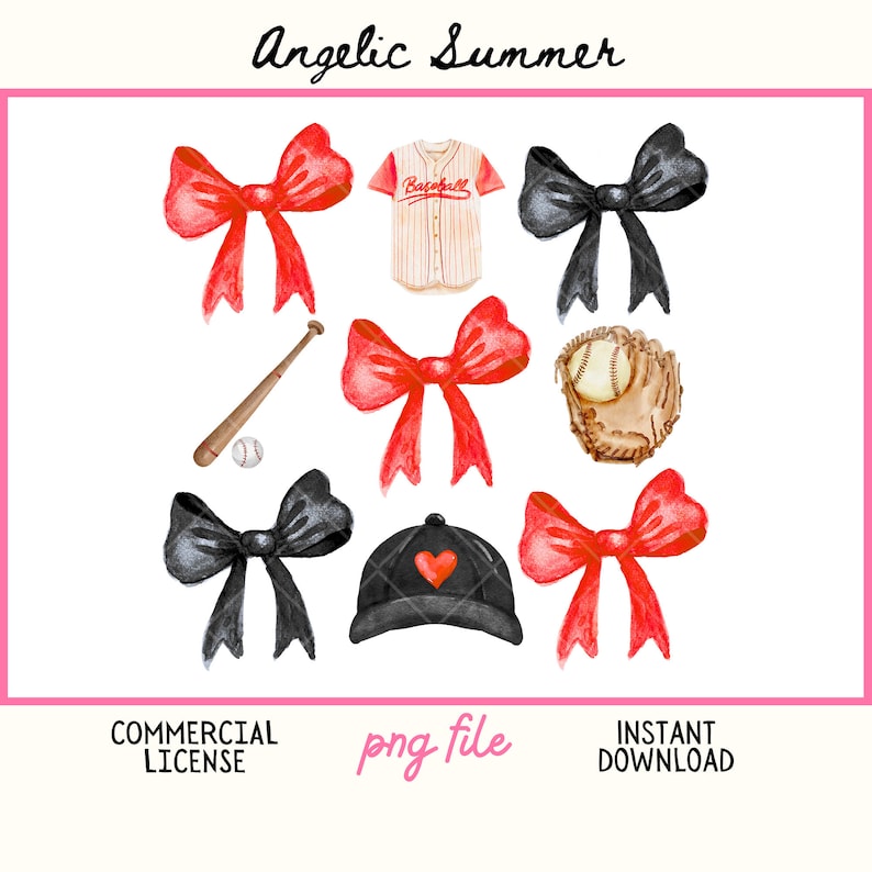 Coquette Baseball PNG Vintage Watercolor Digital File Red Black Bow ...