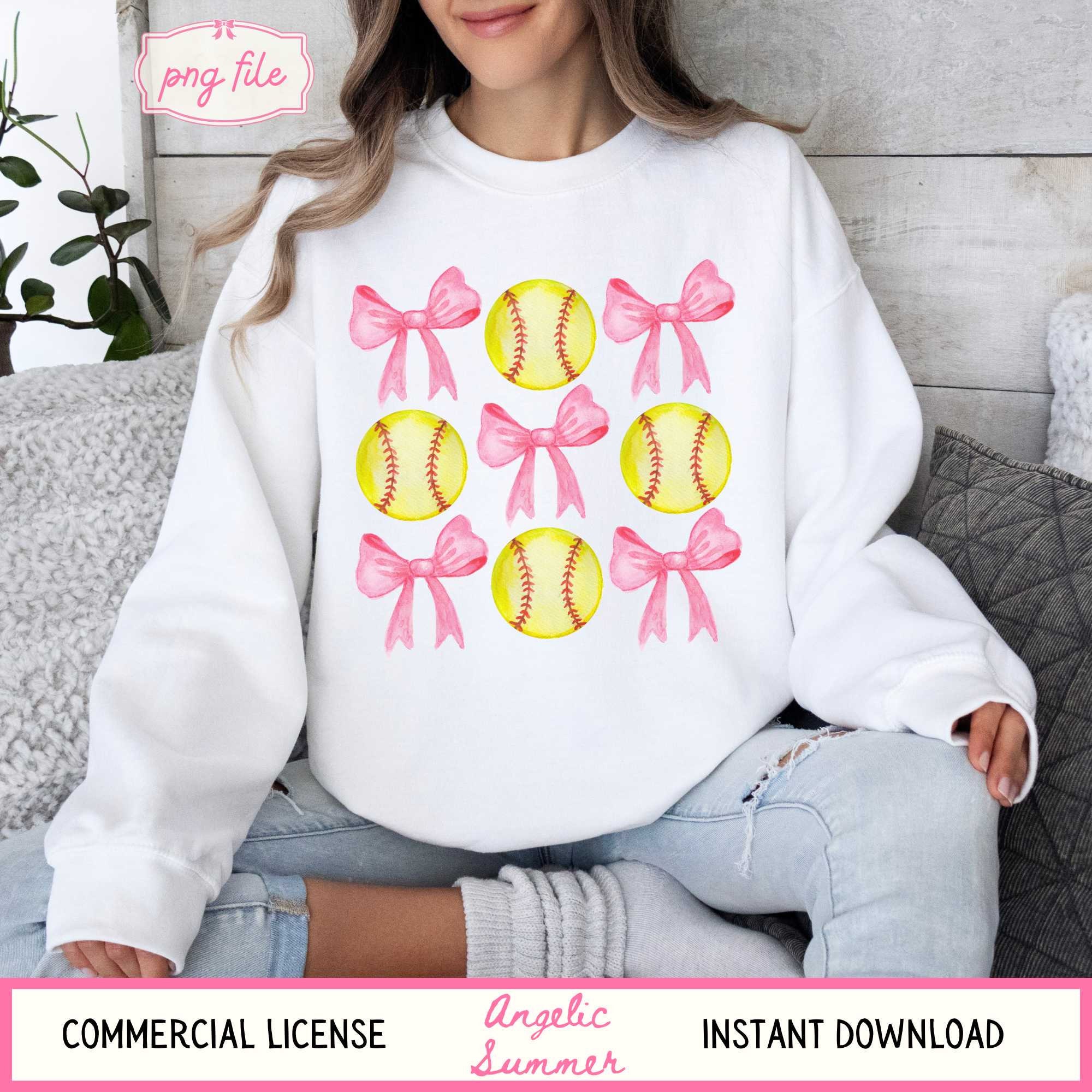 Coquette Softball PNG Vintage Watercolor Digital File Pink Bow Ribbon ...