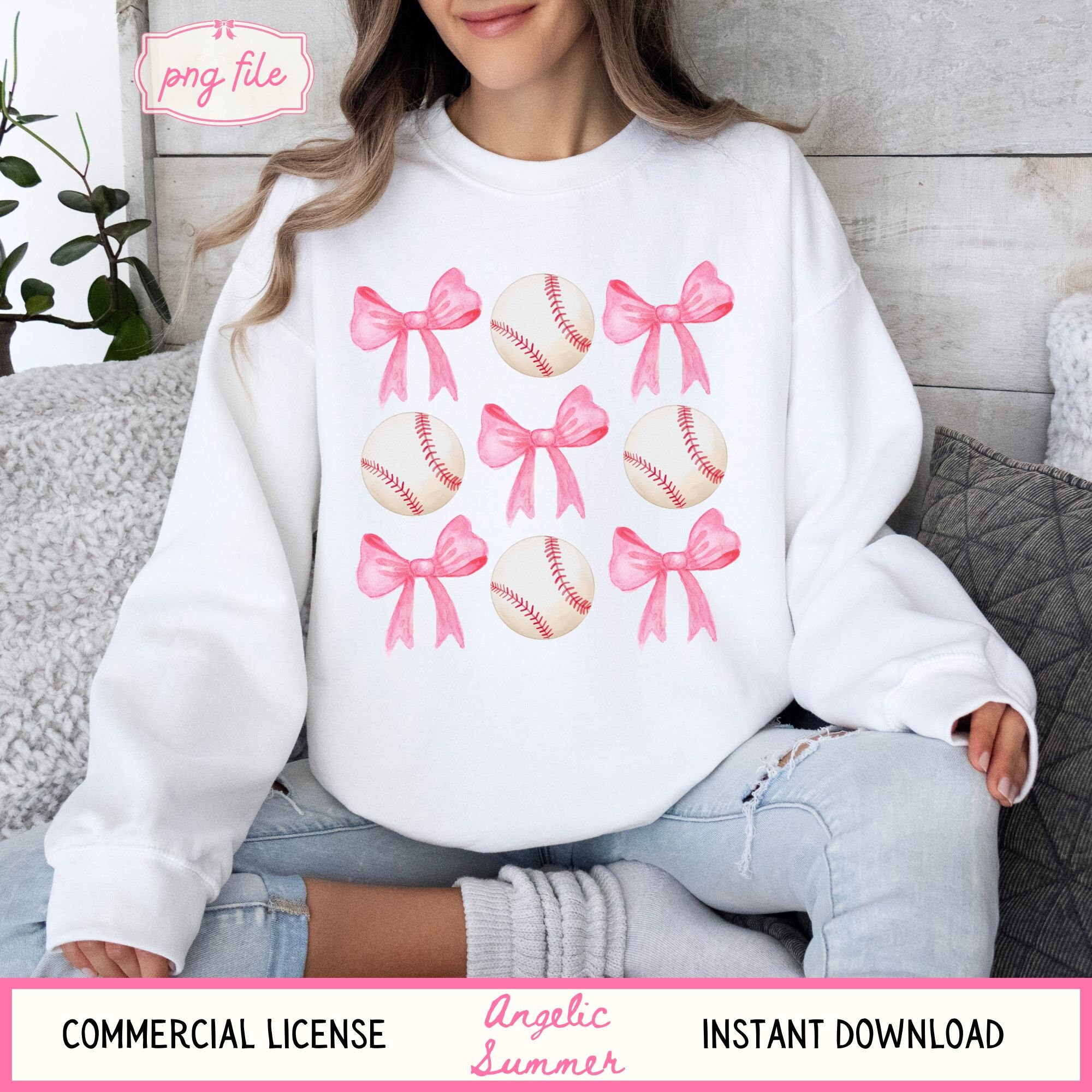 Coquette Baseball PNG Vintage Watercolor Digital File Pink Bow Ribbon ...