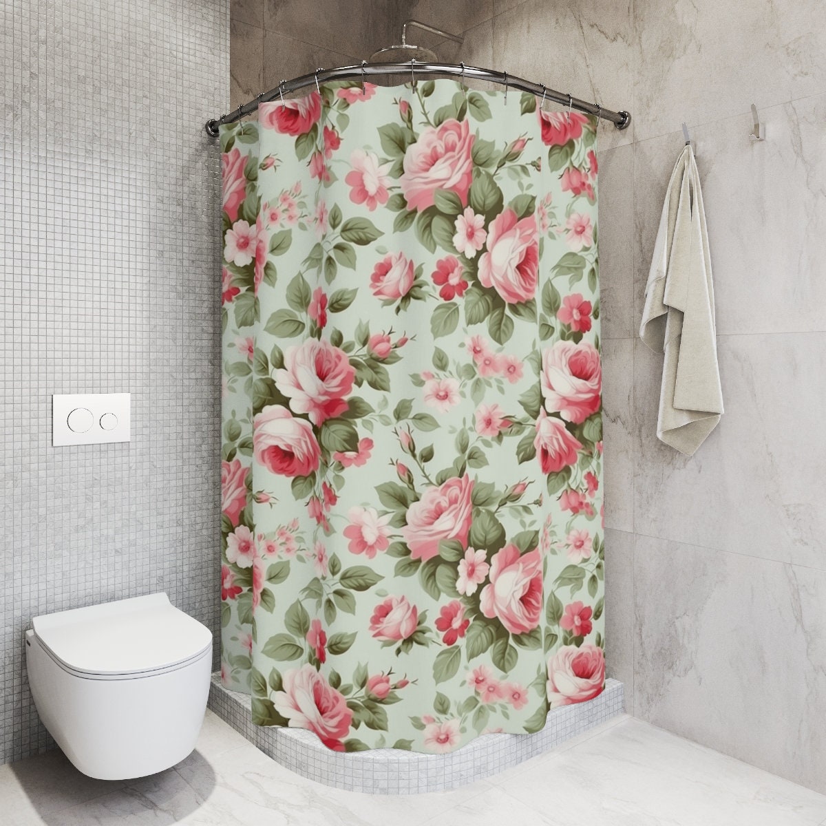 Rose Shower Curtain, Shabby Chic Bathroom Decor, Pink Cabbage Rose With ...