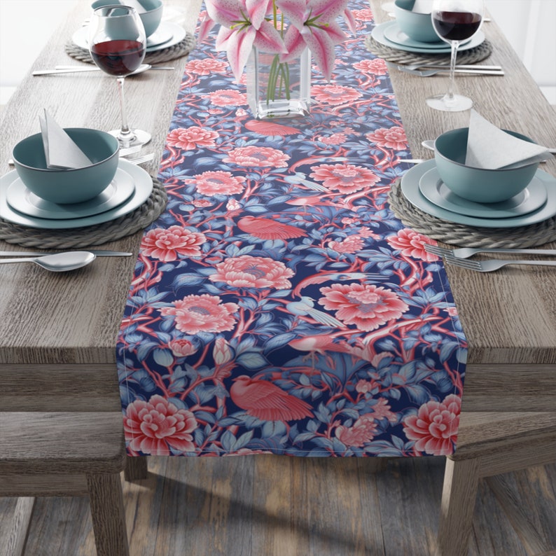 Navy Blue and Redchinoiserie Print Table Runner, Toile De Jouy Fabric ...