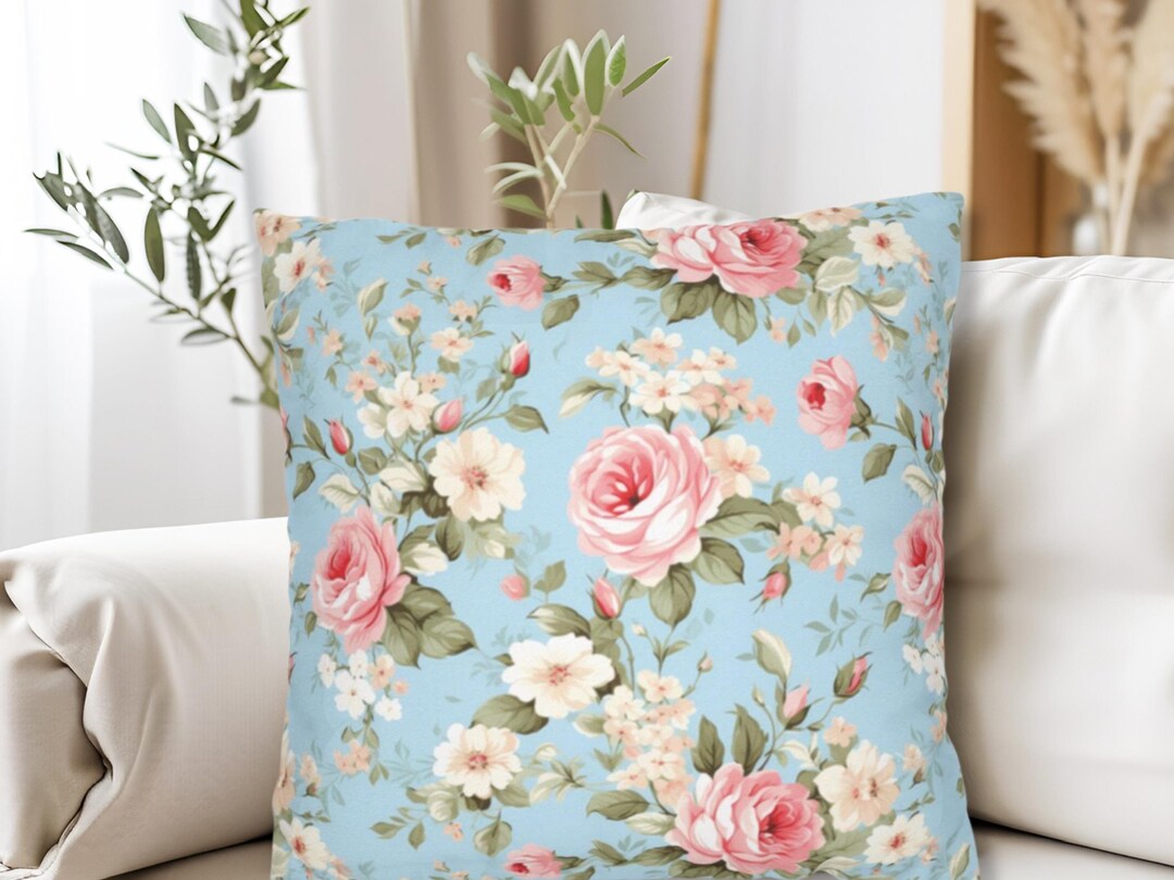 Pastel Blue Floral Shabby Chic Pillow Cover, Cabbage Rose Frenchcountry ...