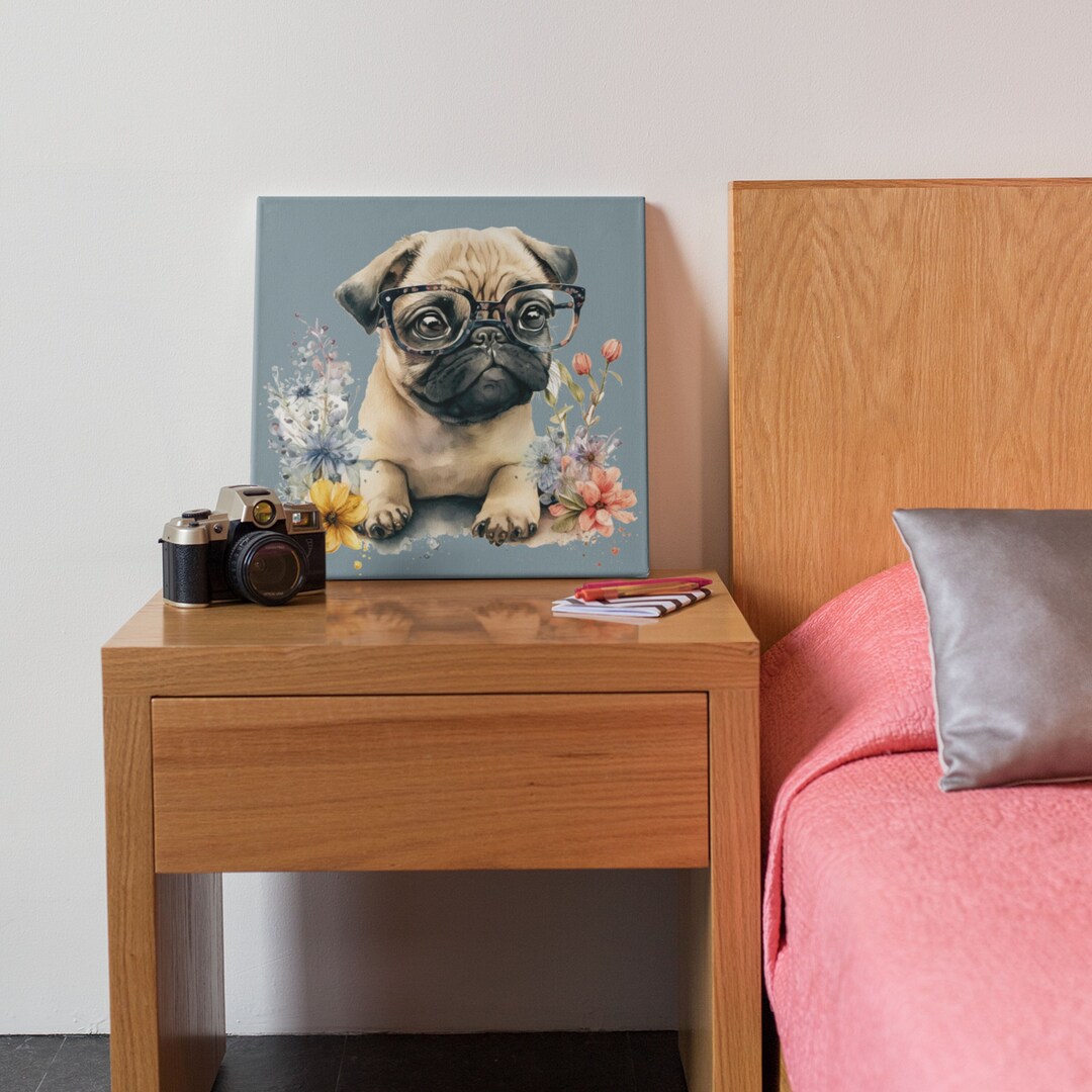 Pug Dog With Glasses and Flowers Canvas Print, Pug Puppy Wall Art ...