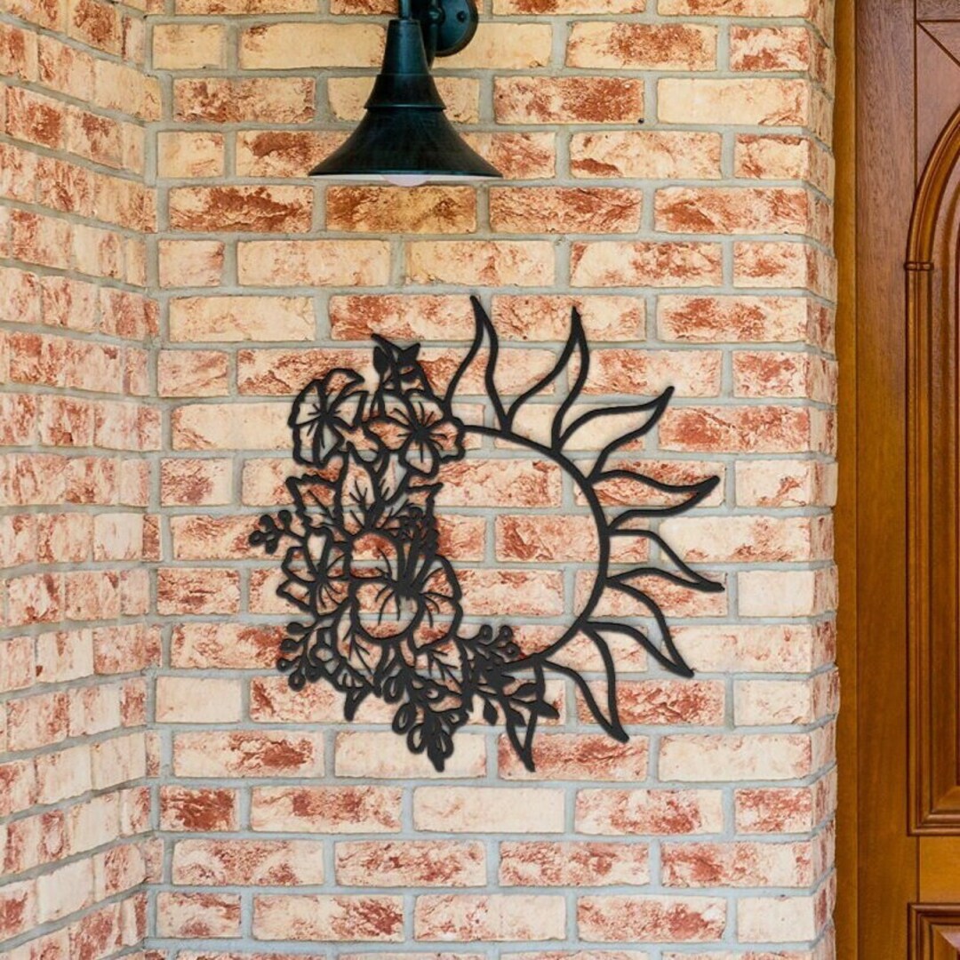Sun Metal Wall Art, Outdoor Wildflower Sun Metal Decor, Botanical Line ...