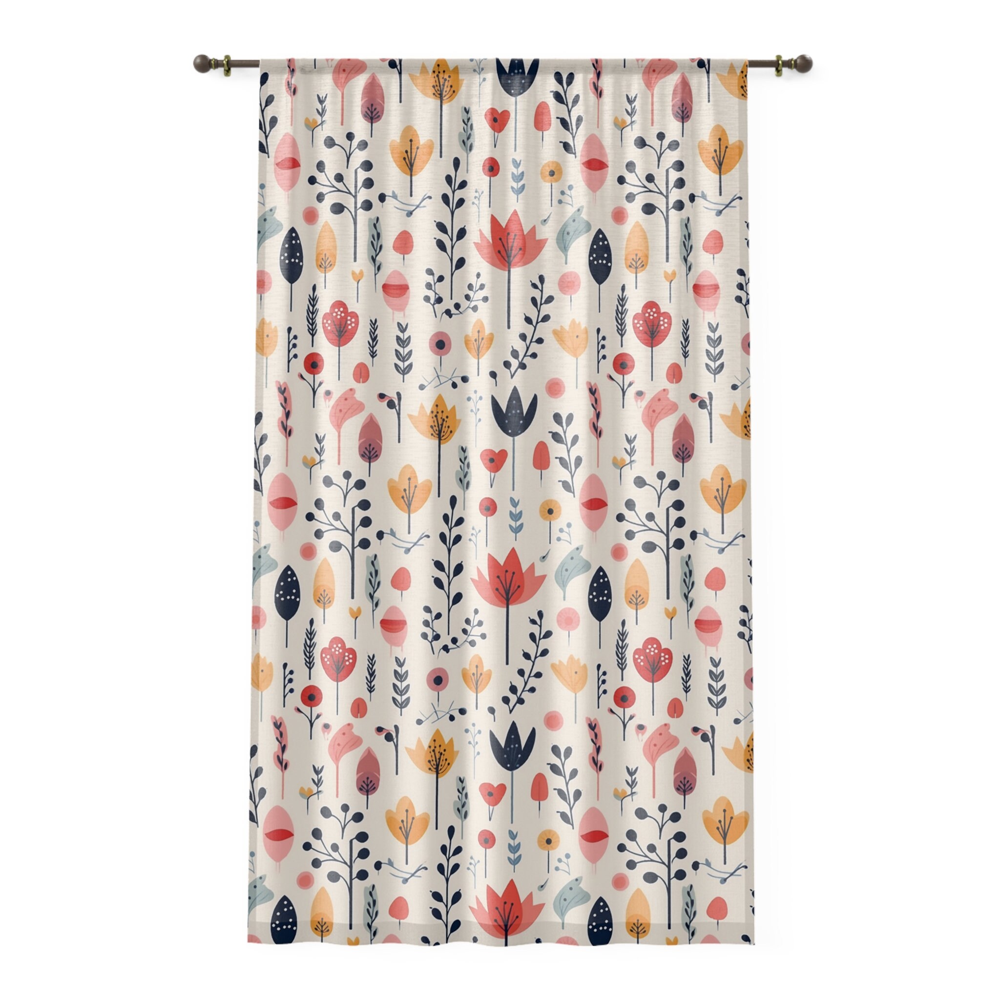 Scandinavian Floral Print Curtain Panels With Rod Pocket, Colorful ...