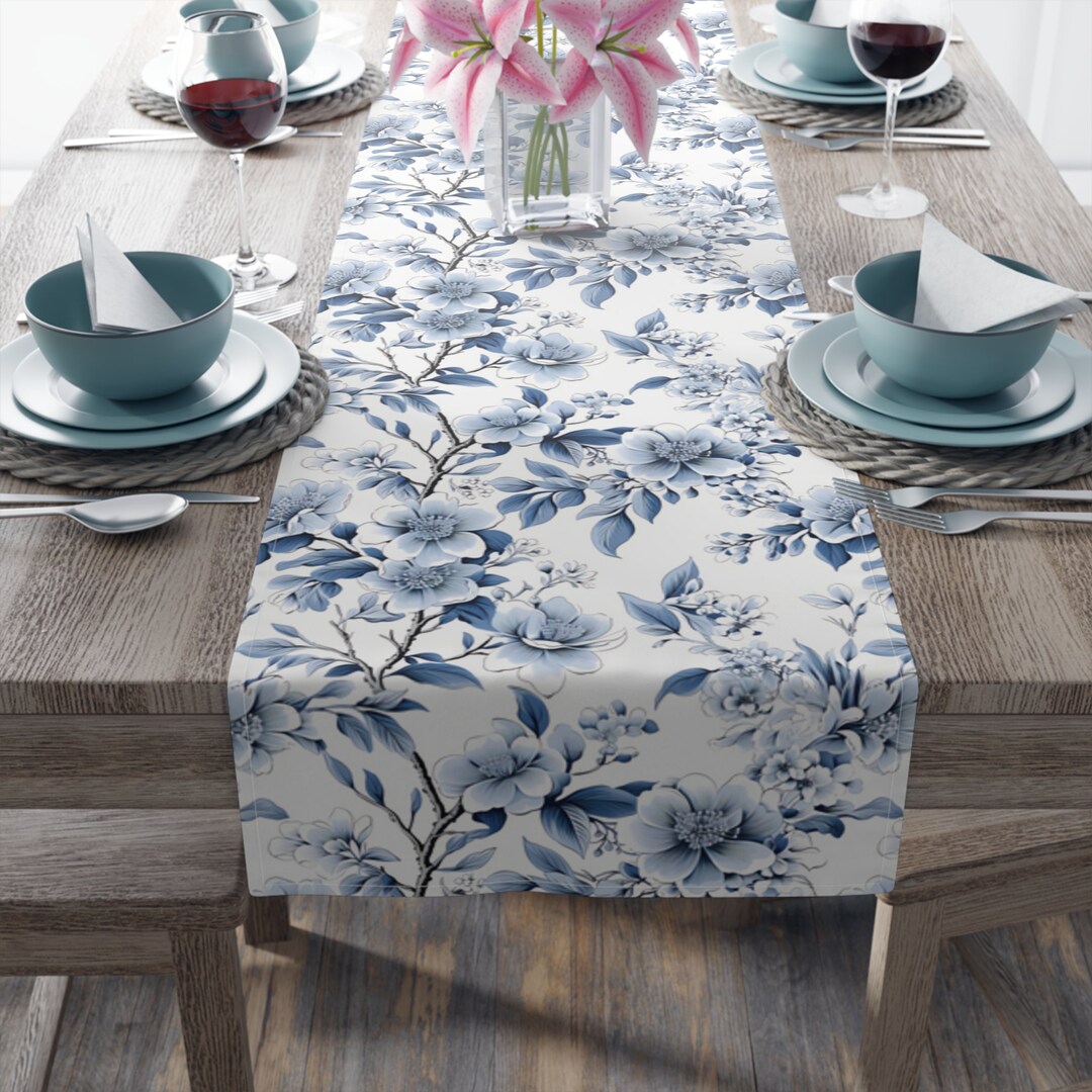 Blue Chinoiserie Print Table Runner, Floral Oriental Table Runner Blue ...