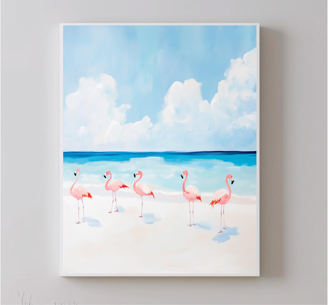 Tropical Digital Art of Pink Flamingos on the Beach - Printable Summer ...