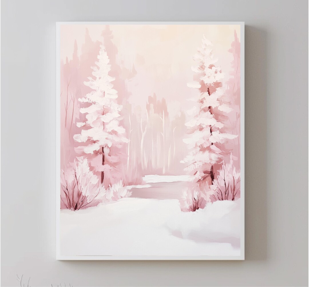 Pink Winter Landscape Painting | Pink Christmas Art Printable | Digital ...