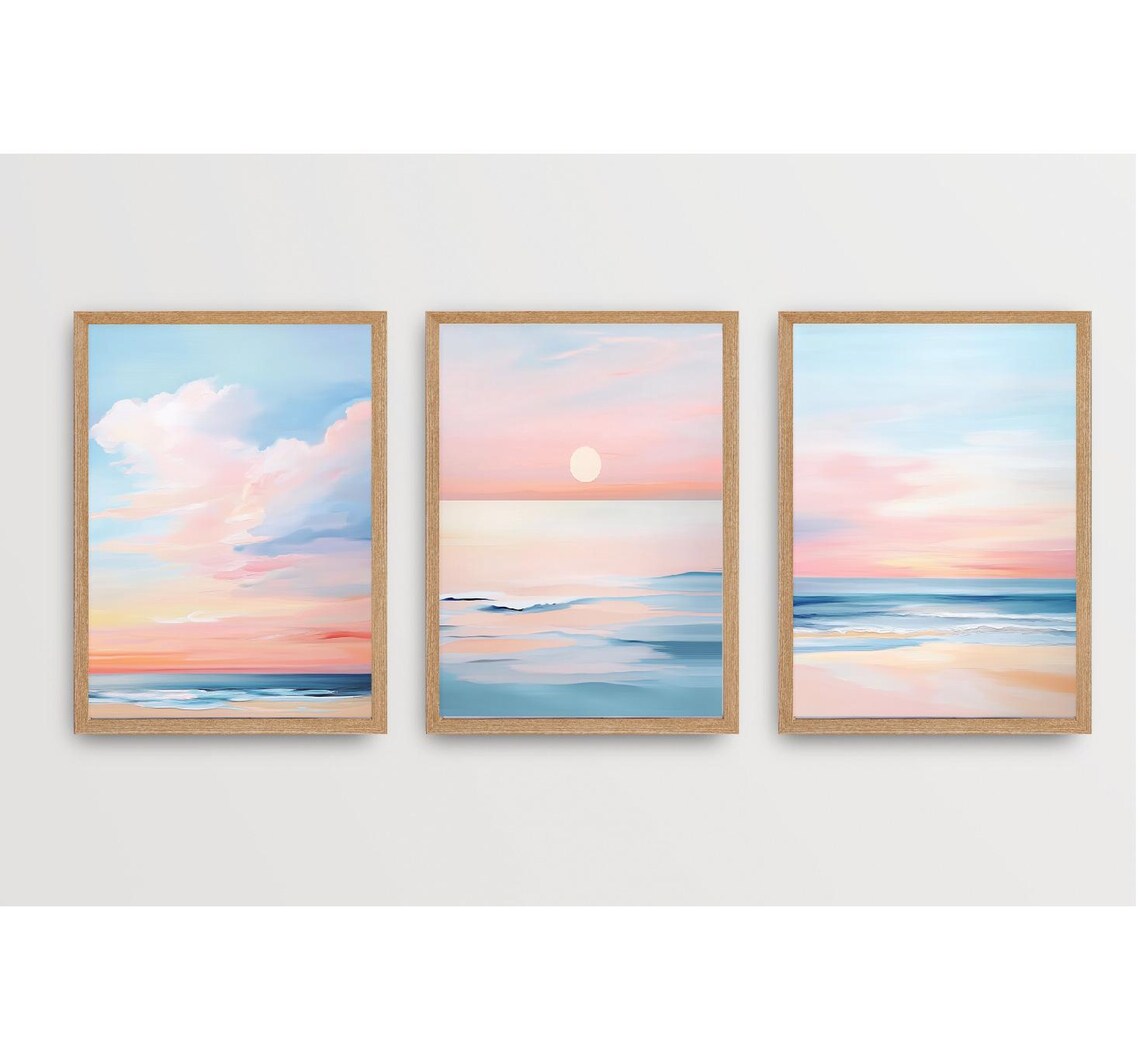 Set of 3 Pastel Sunset Print Blush Pink Coastal Beach Preppy Ocean ...