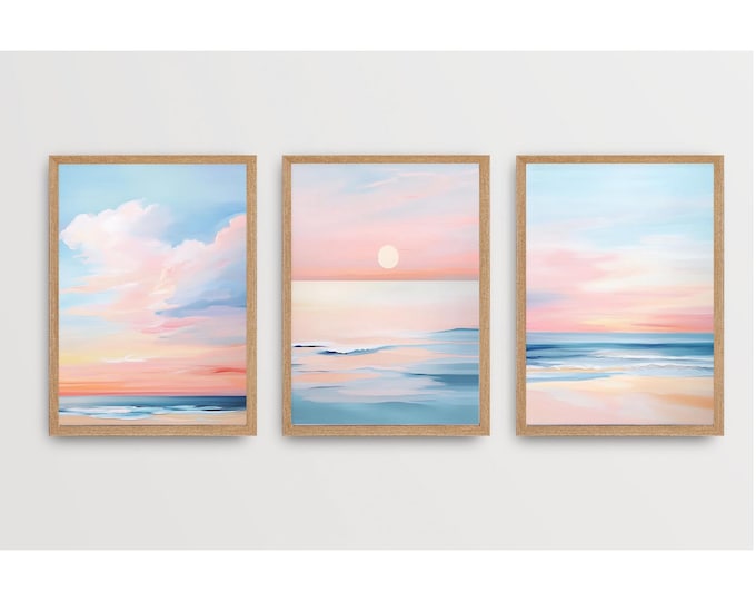Pastel Sunset Print Blush Pink Coastal Beach Preppy Ocean Painting ...