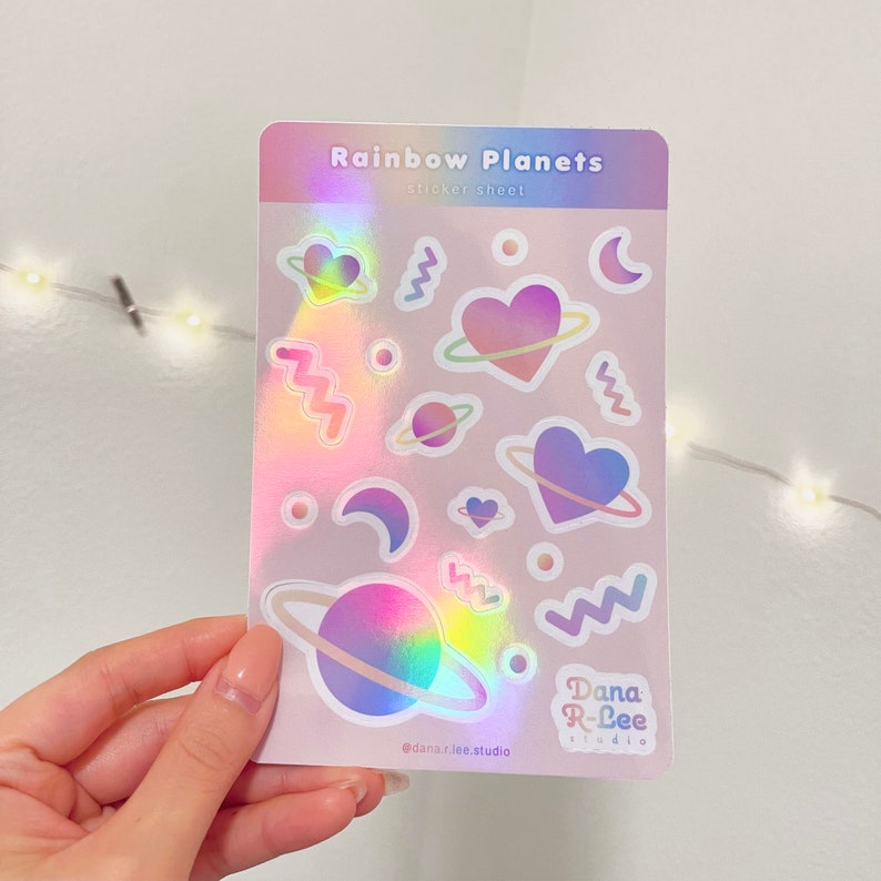 Rainbow Planets Heart Star Moon Sticker Sheet Holographic Universe ...