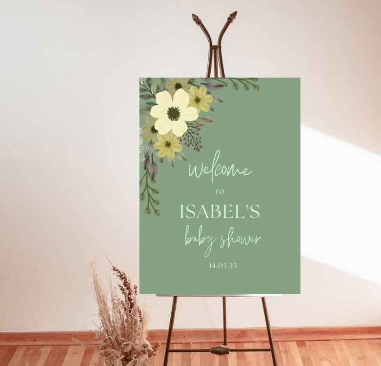 Sage Green Floral Baby Shower Welcome Sign Welcome Sign Baby Shower ...