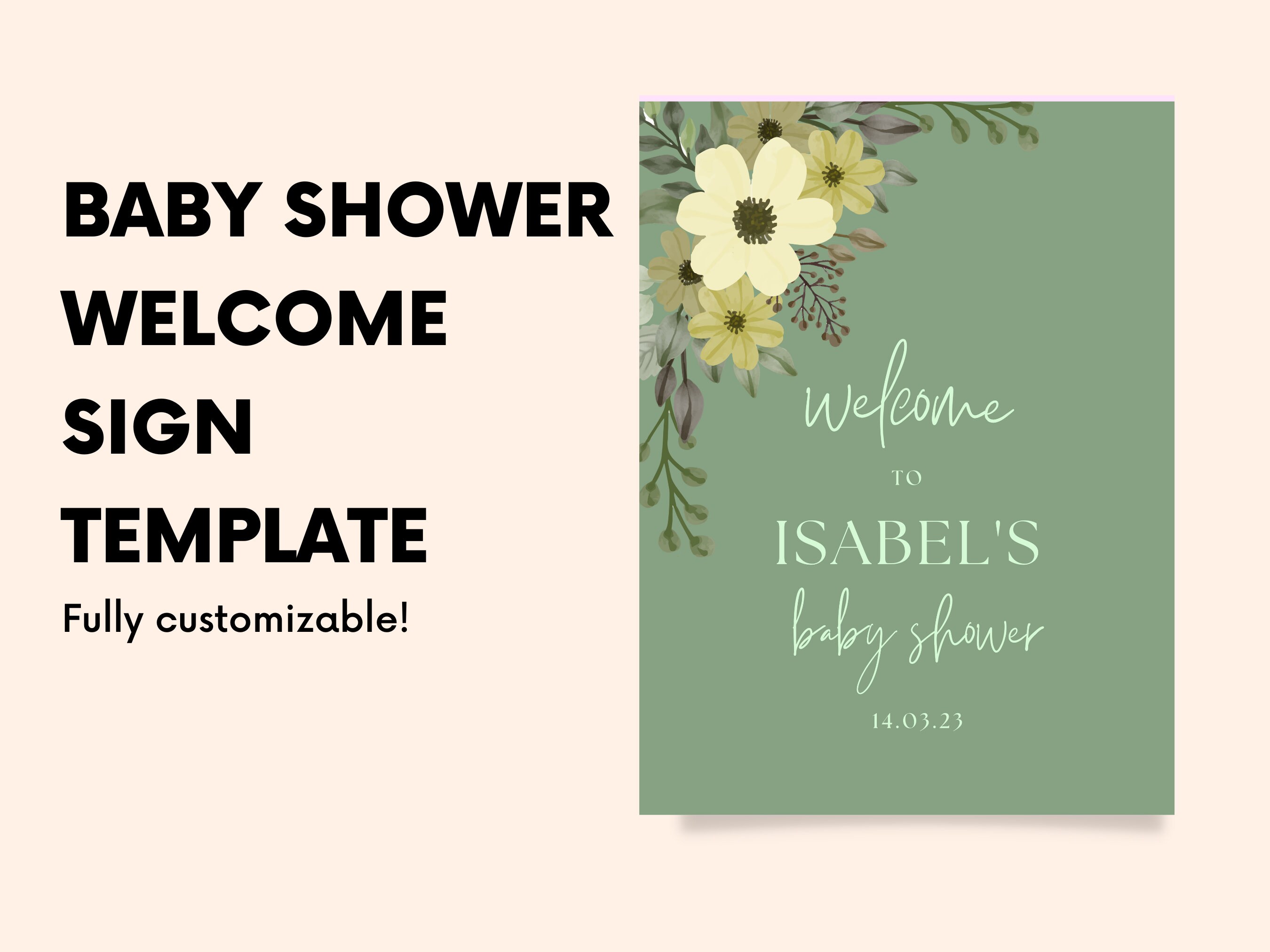 Sage Green Floral Baby Shower Welcome Sign Welcome Sign Baby Shower ...