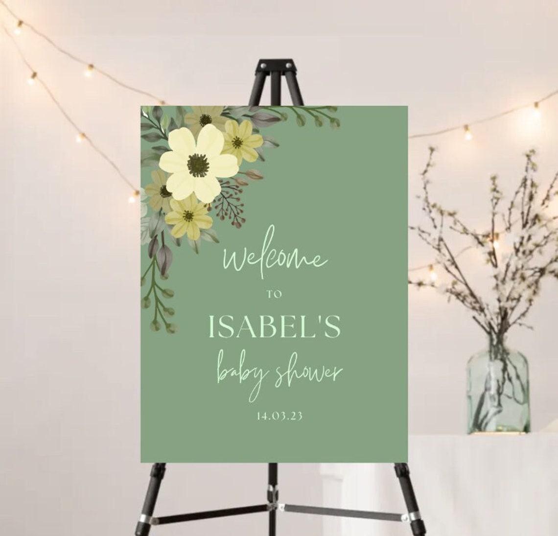 Sage Green Floral Baby Shower Welcome Sign Welcome Sign Baby Shower ...