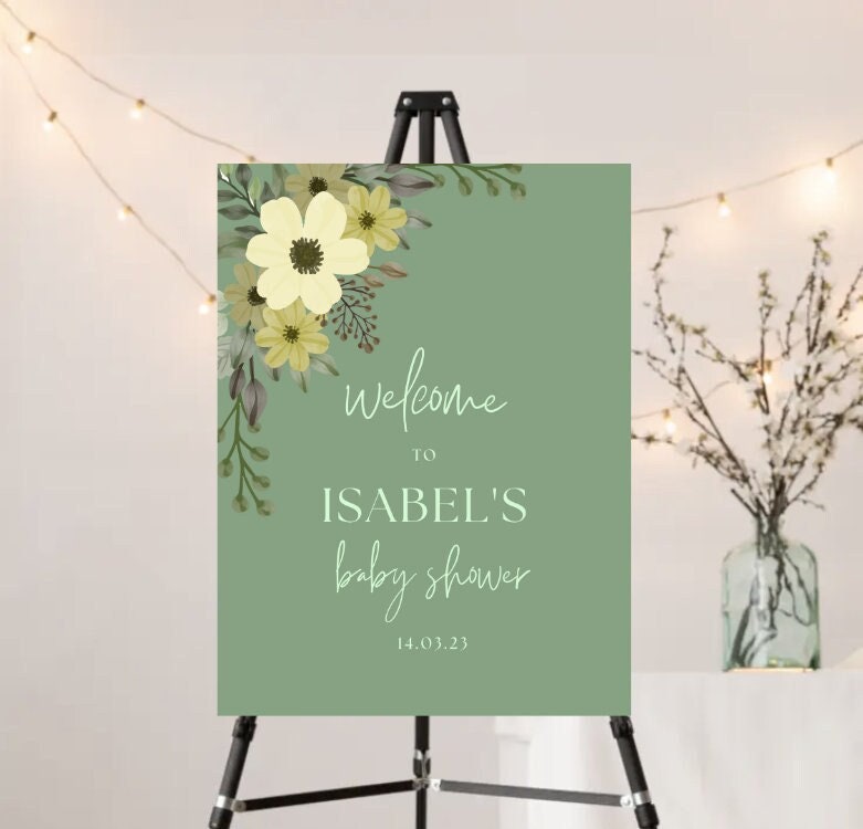 Sage Green Floral Baby Shower Welcome Sign Welcome Sign Baby Shower ...