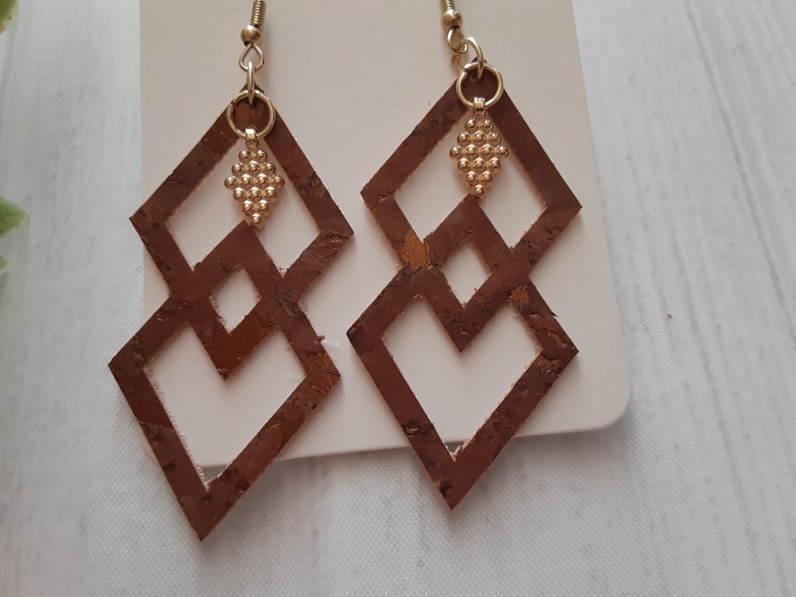 Brown With Metallic Gold Double Cut Diamond Cork Earrings With - Etsy