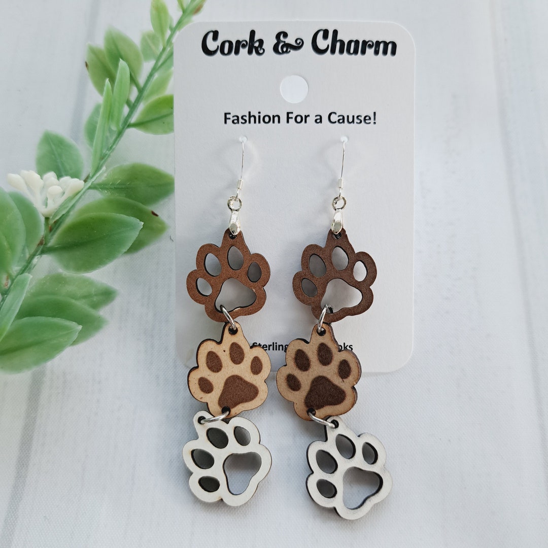 Paw Print Stacked Wooden Earrings L Cat Lovers Gift L Cat Mom Gift L ...