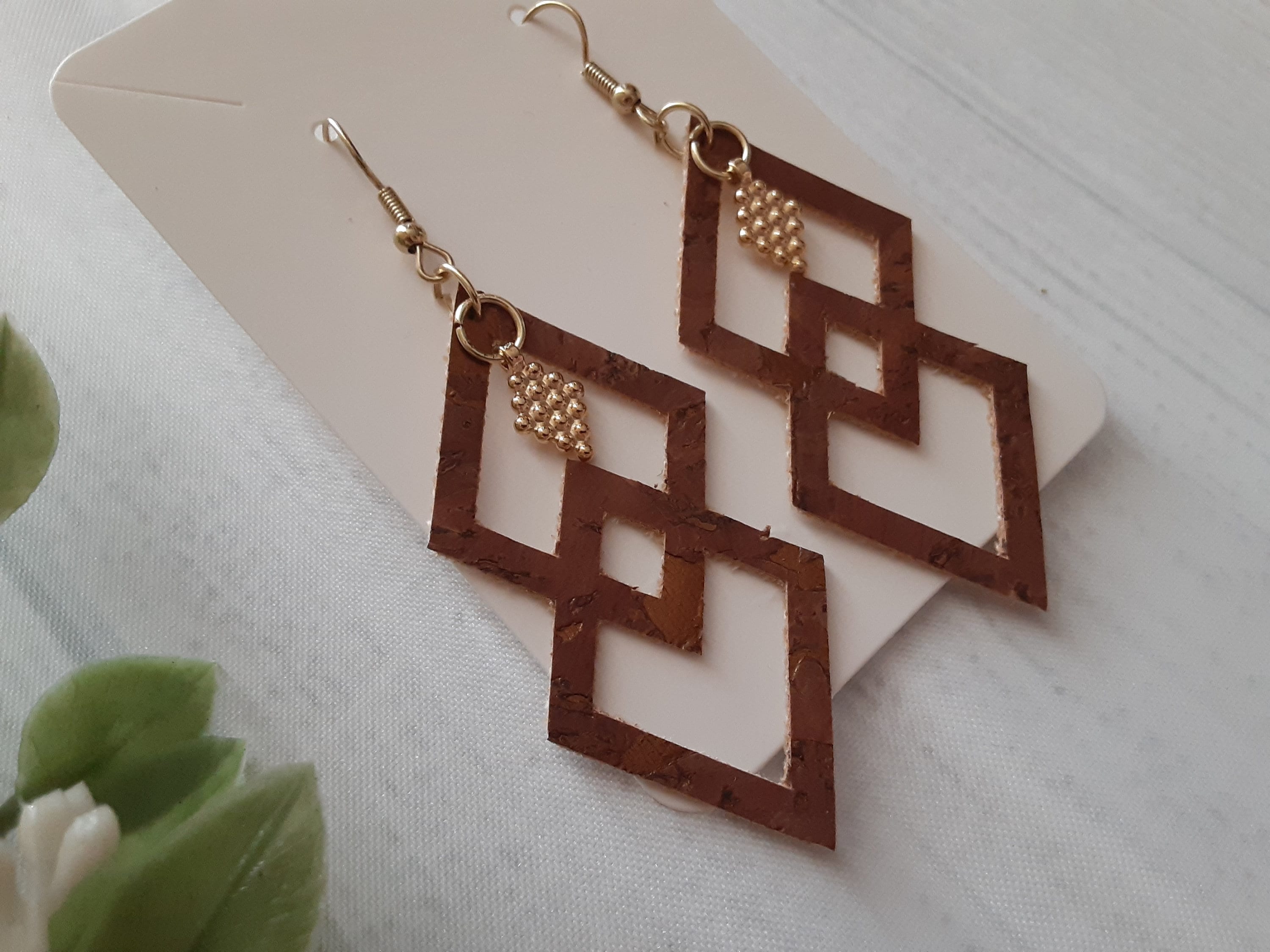 Brown With Metallic Gold Double Cut Diamond Cork Earrings With - Etsy