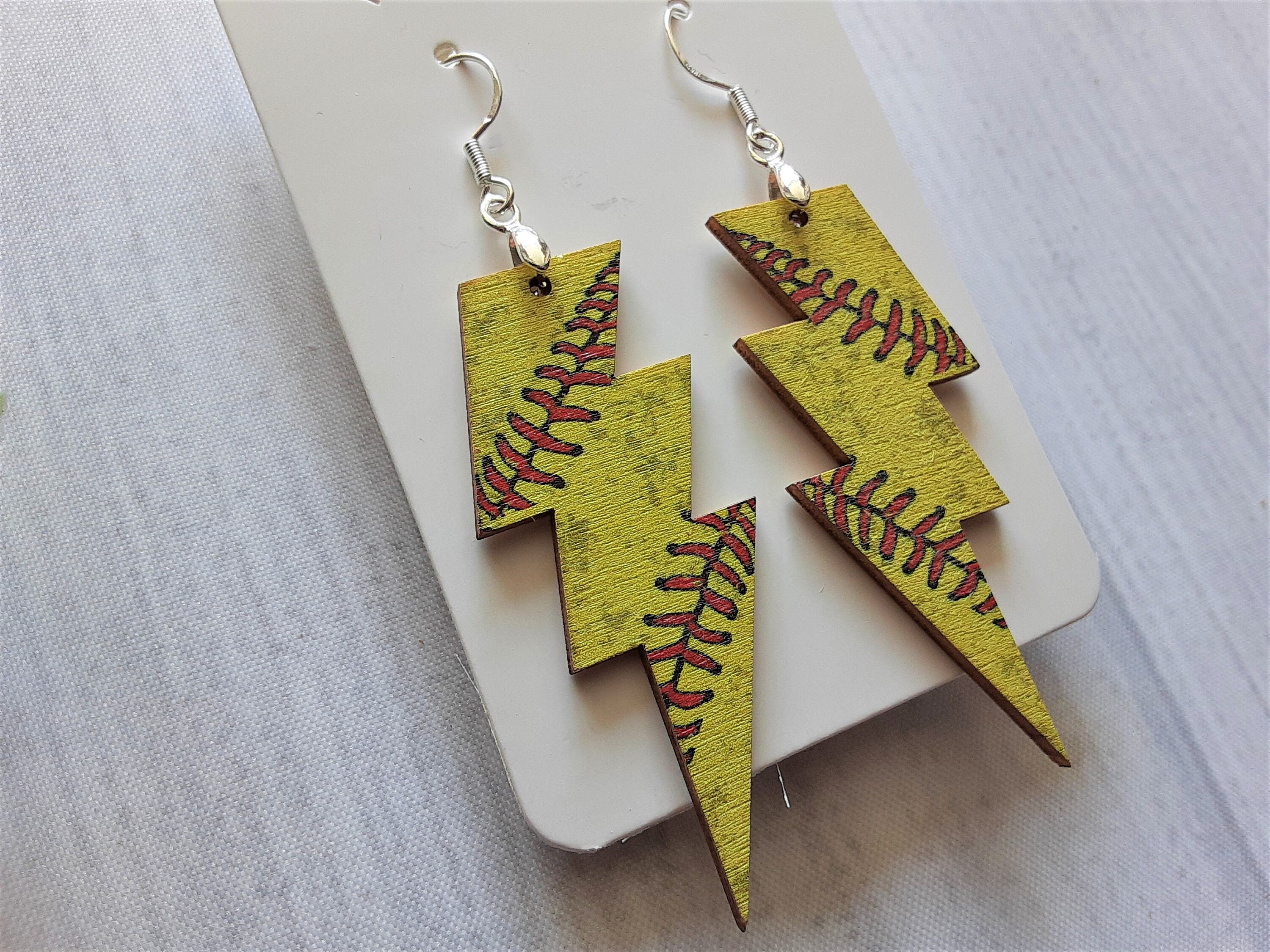 Softball Lightning Bolt Wooden Sports Earrings Sterling Silver - Etsy