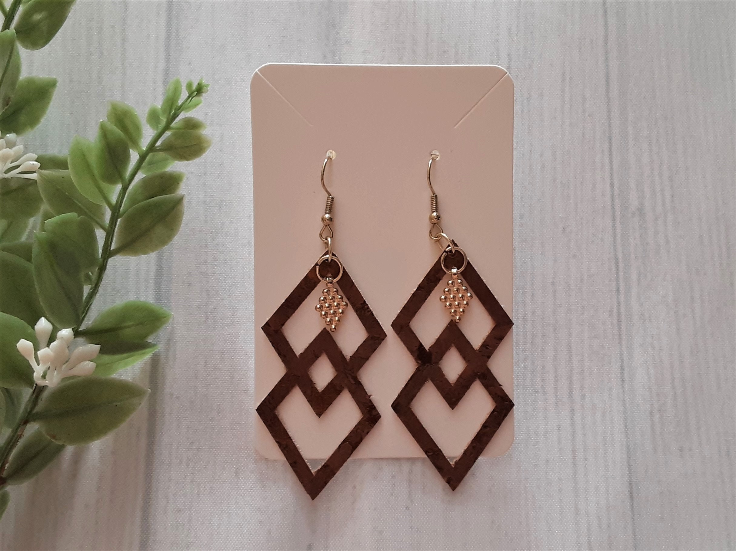 Brown With Metallic Gold Double Cut Diamond Cork Earrings With - Etsy