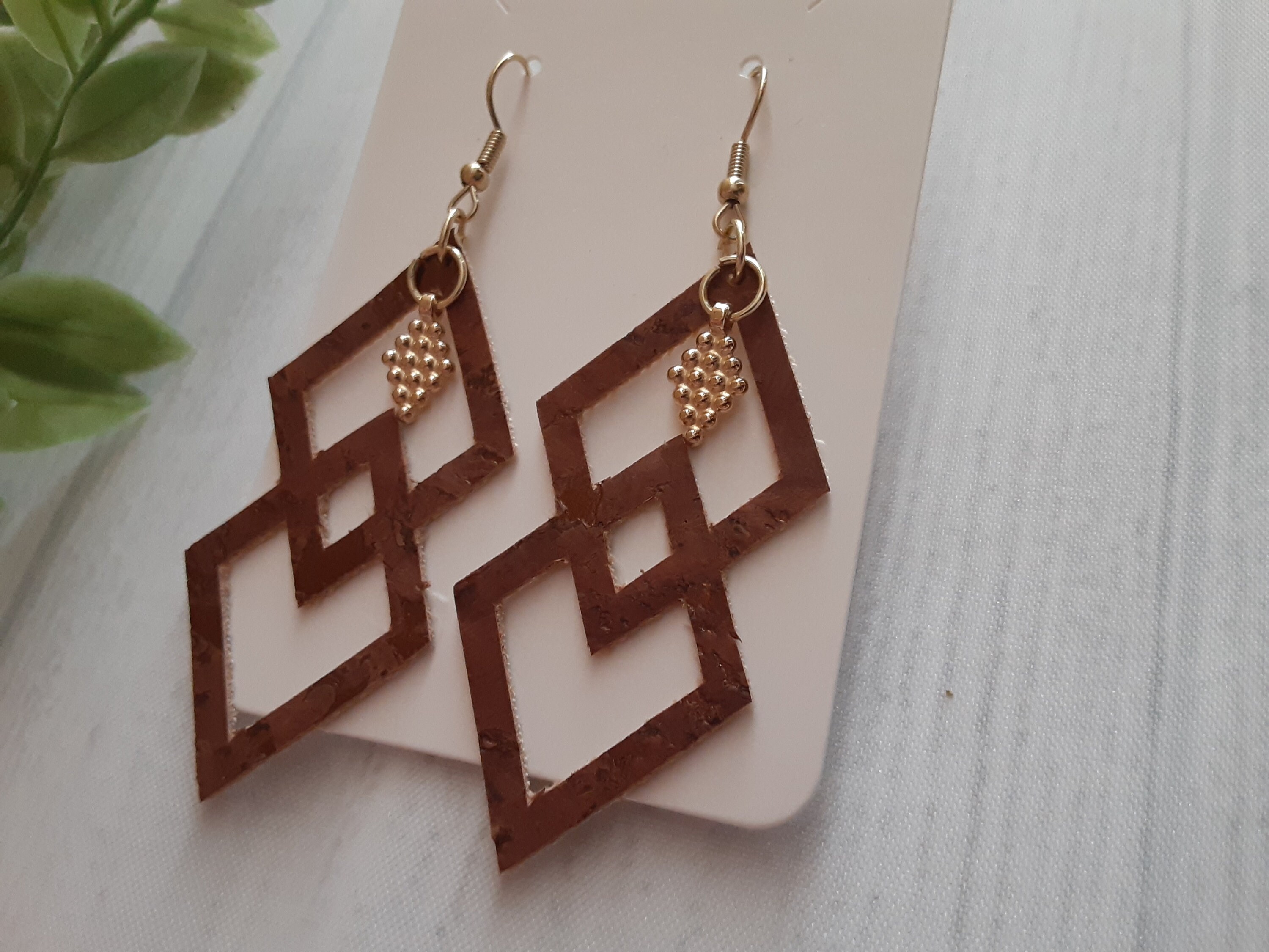 Brown With Metallic Gold Double Cut Diamond Cork Earrings With - Etsy