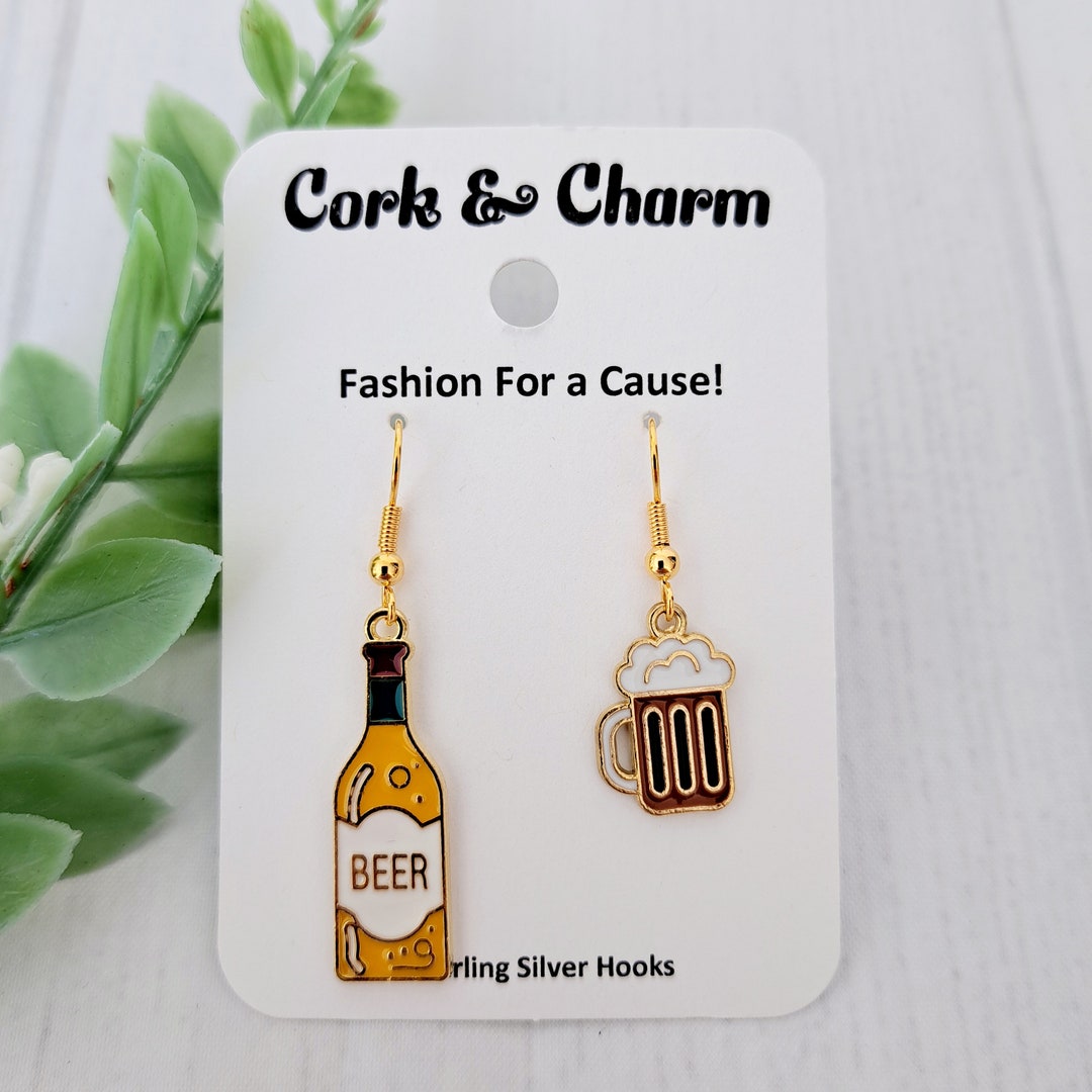 Asymmetrical Beer Bottle Mug Enamel Gold Earrings L Gift for Beer ...
