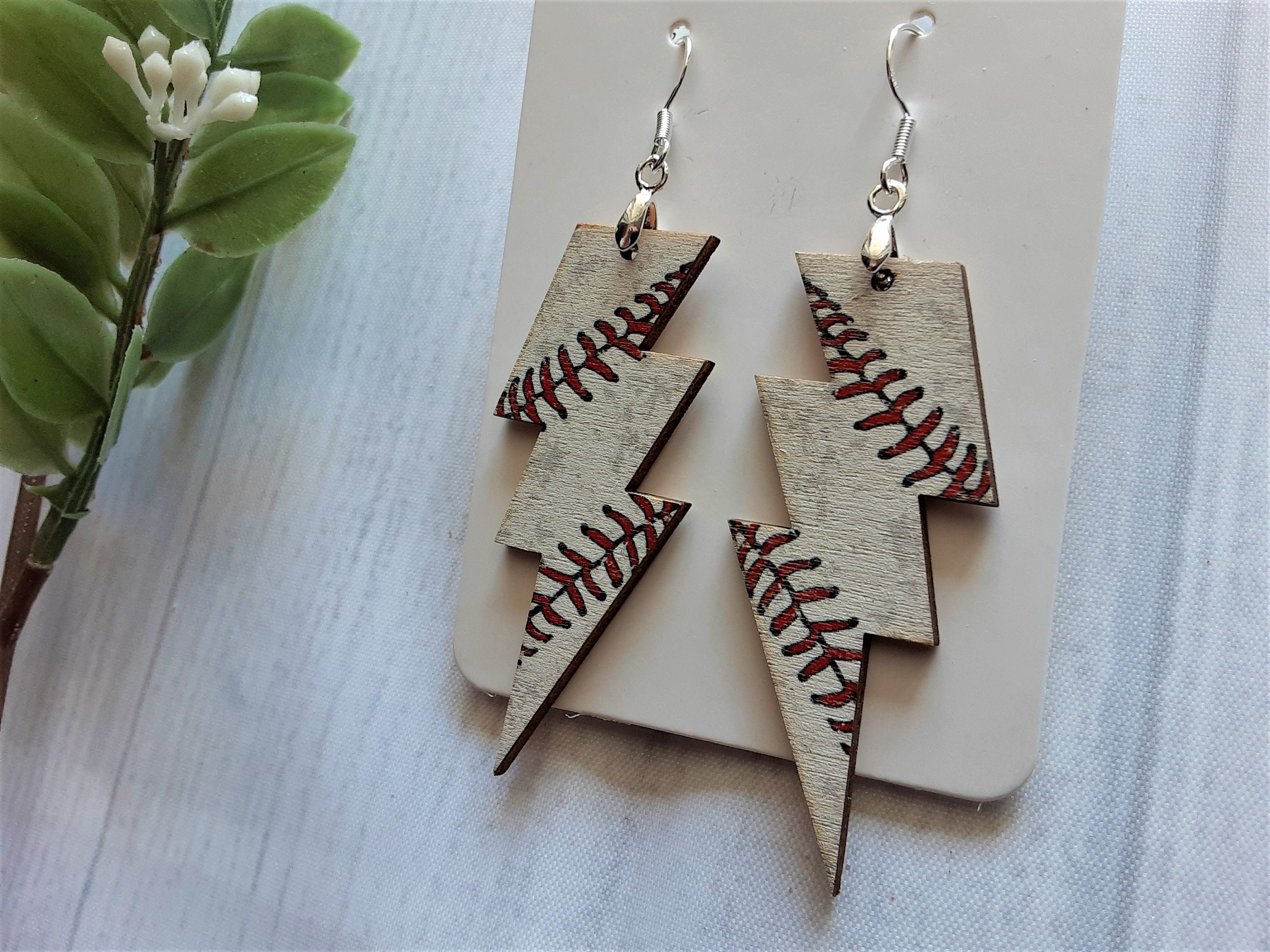 Baseball Lightning Bolt Wooden Sports Earrings Sterling Silver - Etsy