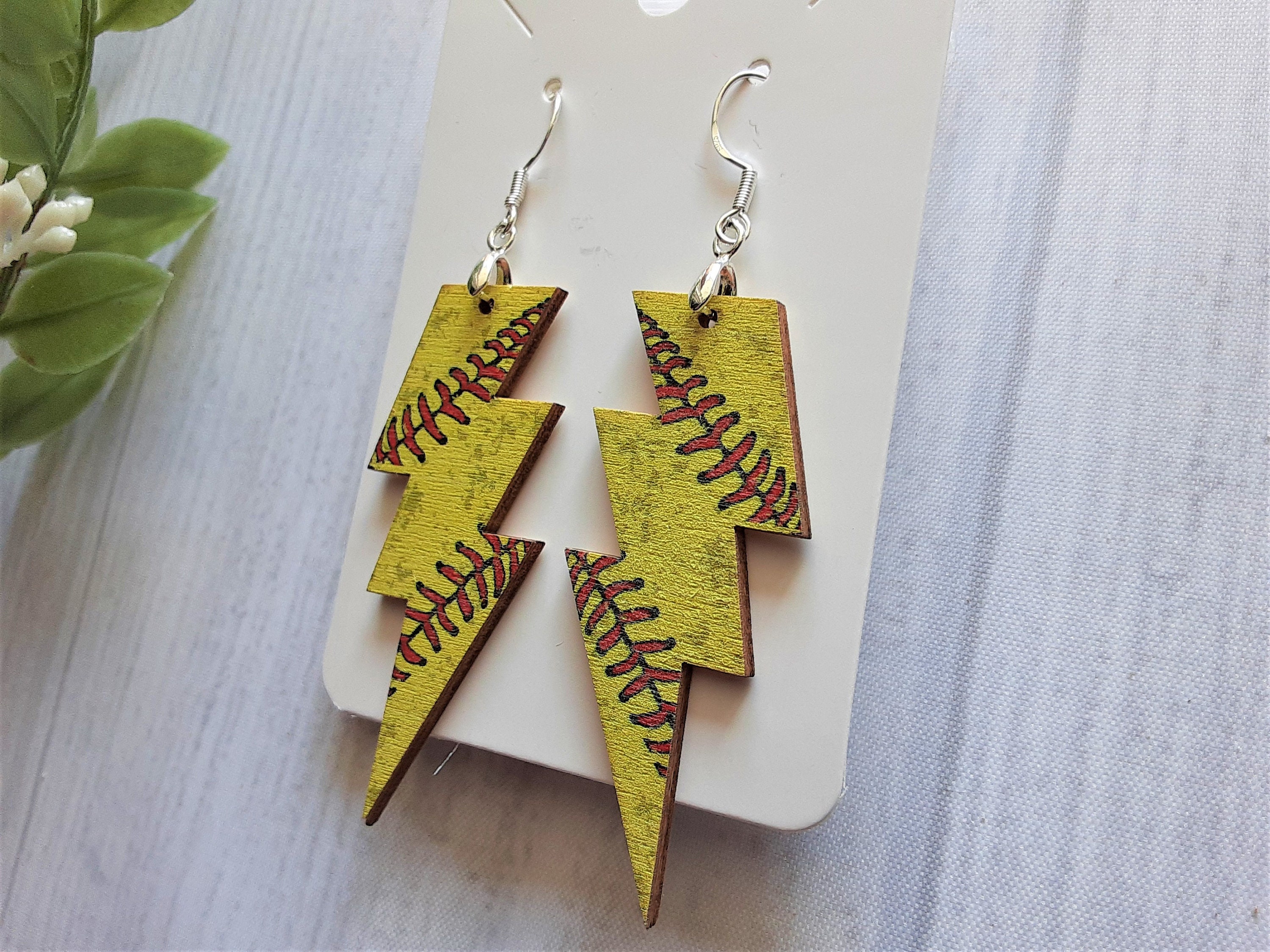 Softball Lightning Bolt Wooden Sports Earrings Sterling Silver - Etsy