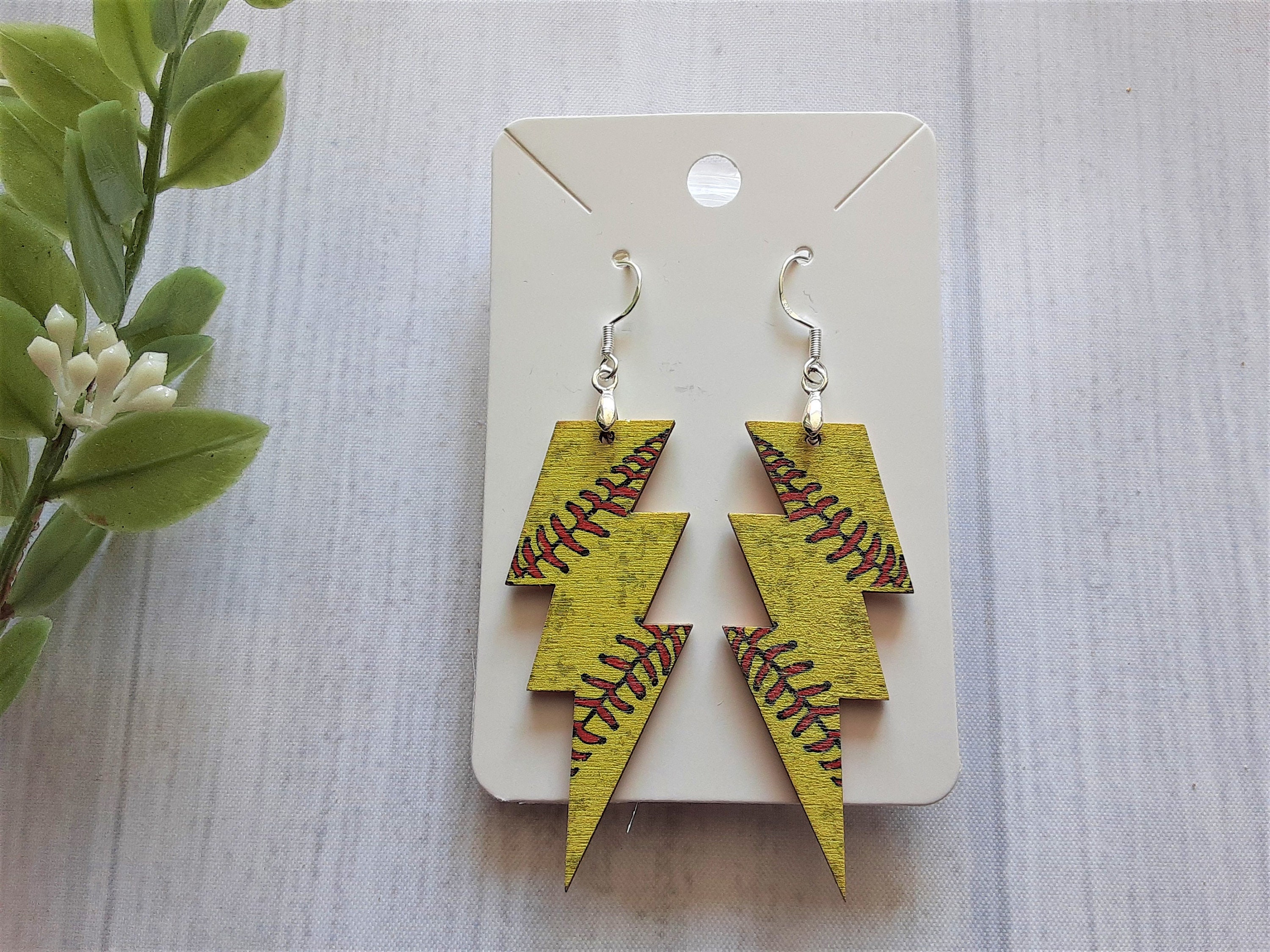 Softball Lightning Bolt Wooden Sports Earrings Sterling Silver - Etsy
