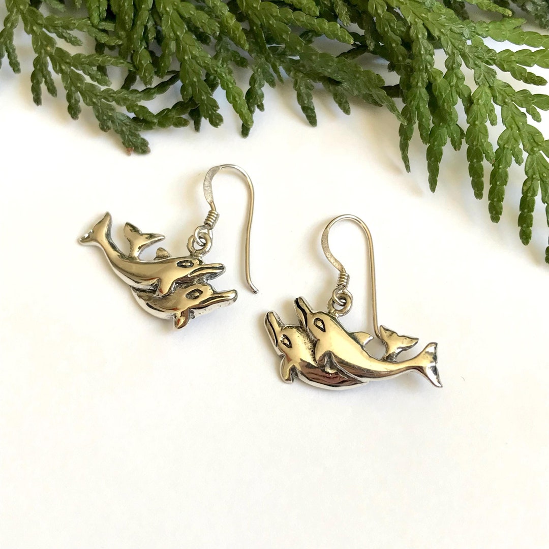 925 Two Dolphins Sterling Silver Vintage Dangle Earrings - Bottlenose ...