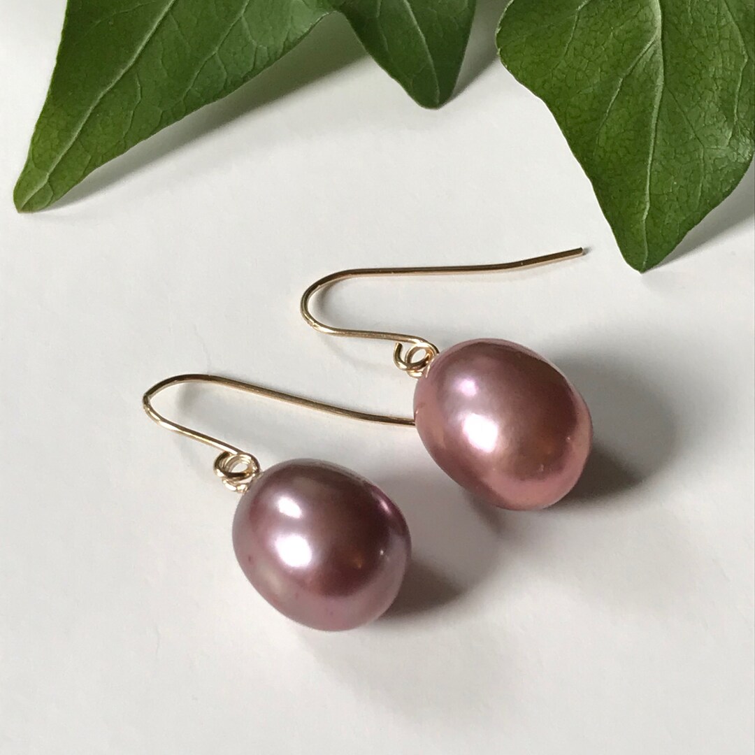 14KT Gold and Dusty Rose Pearl Drop Earrings—solid 585 Gold Ear Wires ...