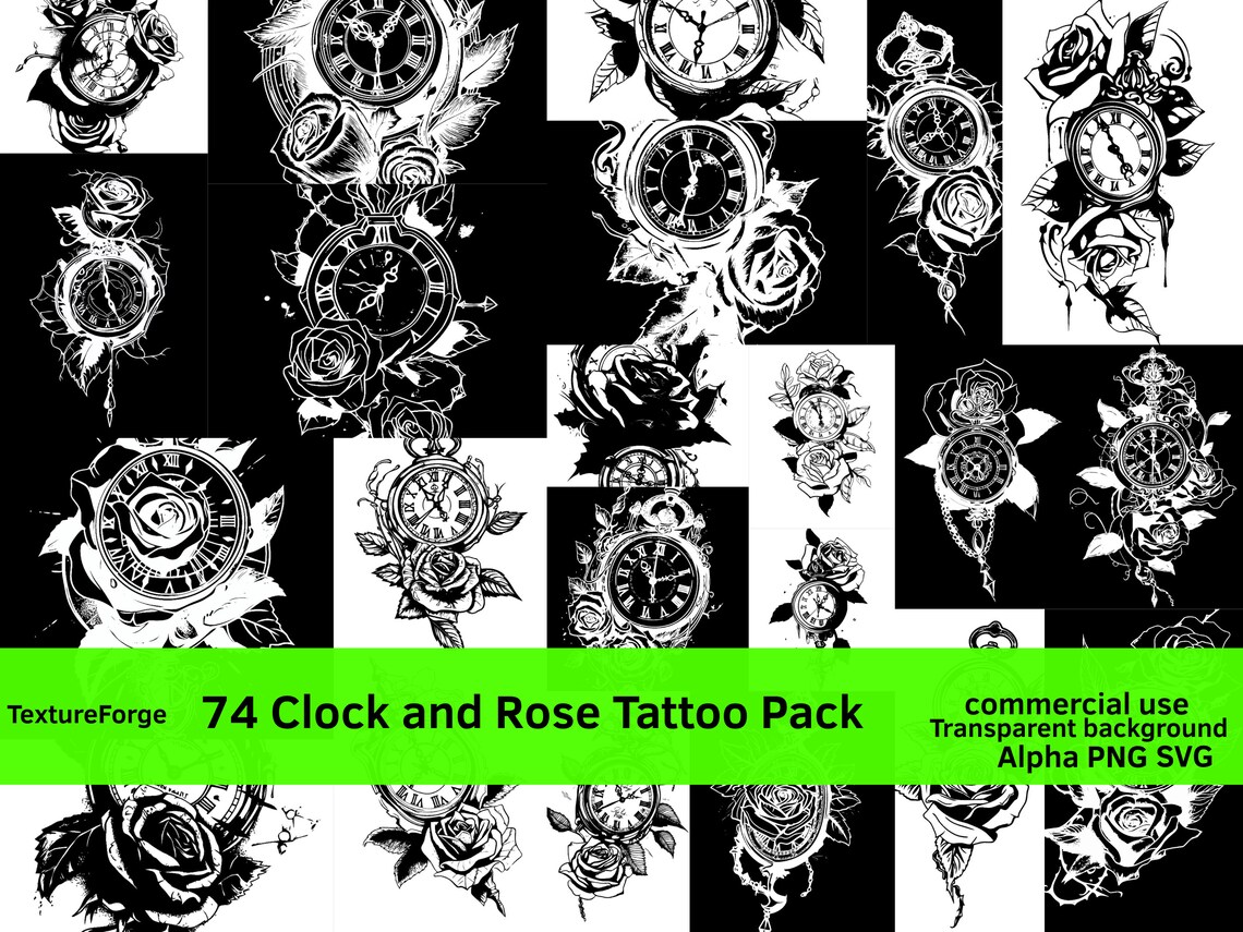 CLOCK SVG, Rose Tattoo, Clock Png, Flower Tattoo DESIGN, Clock Clipart ...
