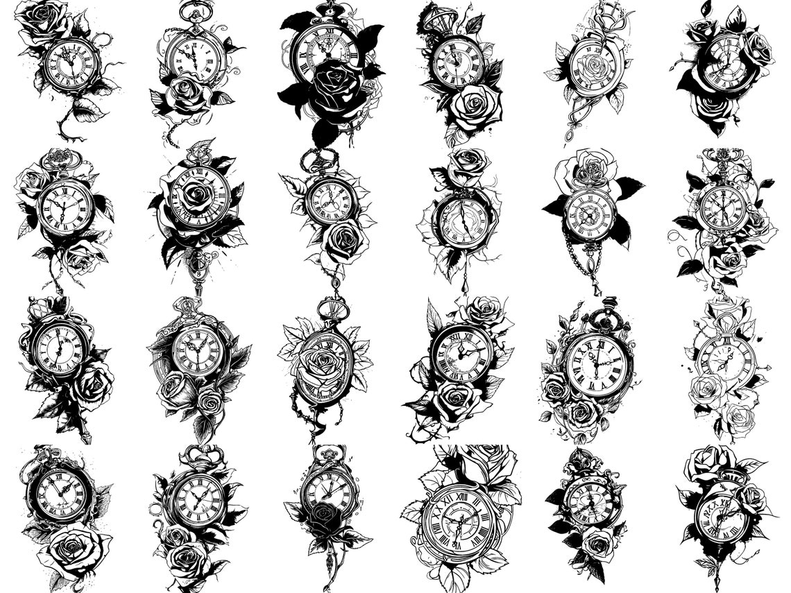 CLOCK SVG, Rose Tattoo, Clock Png, Flower Tattoo DESIGN, Clock Clipart ...