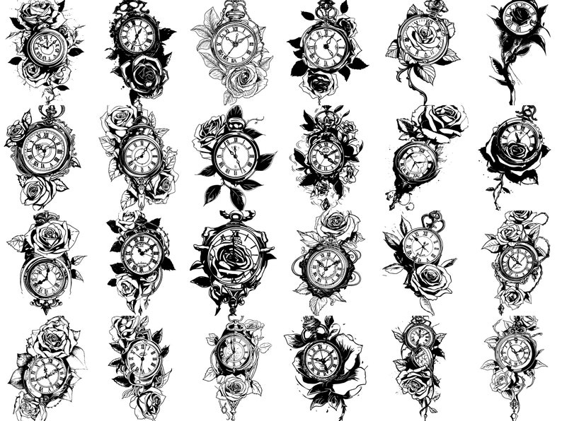 CLOCK SVG, Rose Tattoo, Clock Png, Flower Tattoo DESIGN, Clock Clipart ...