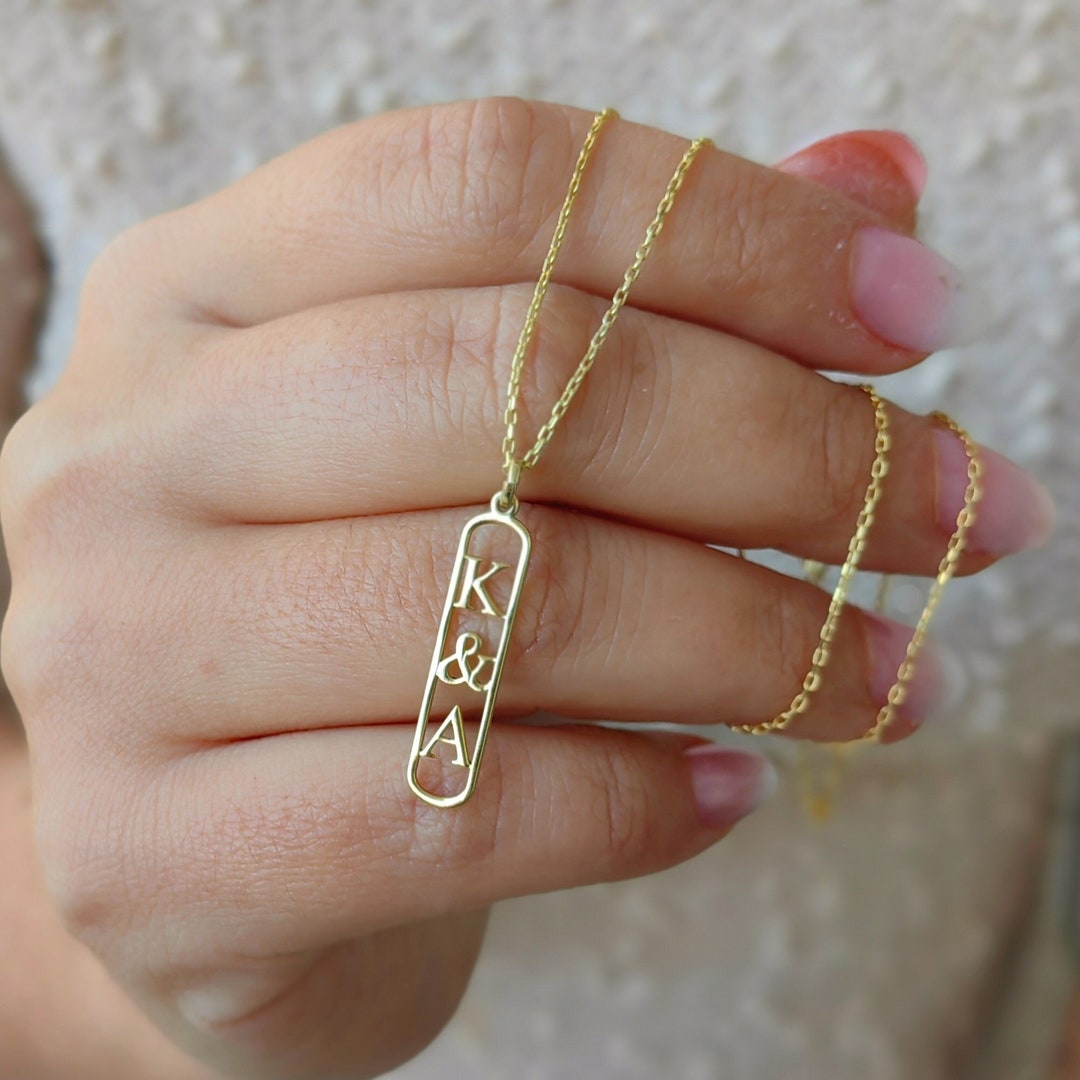 22k Gold Two Initial Necklace, Sterling Silver Couples Necklace ...