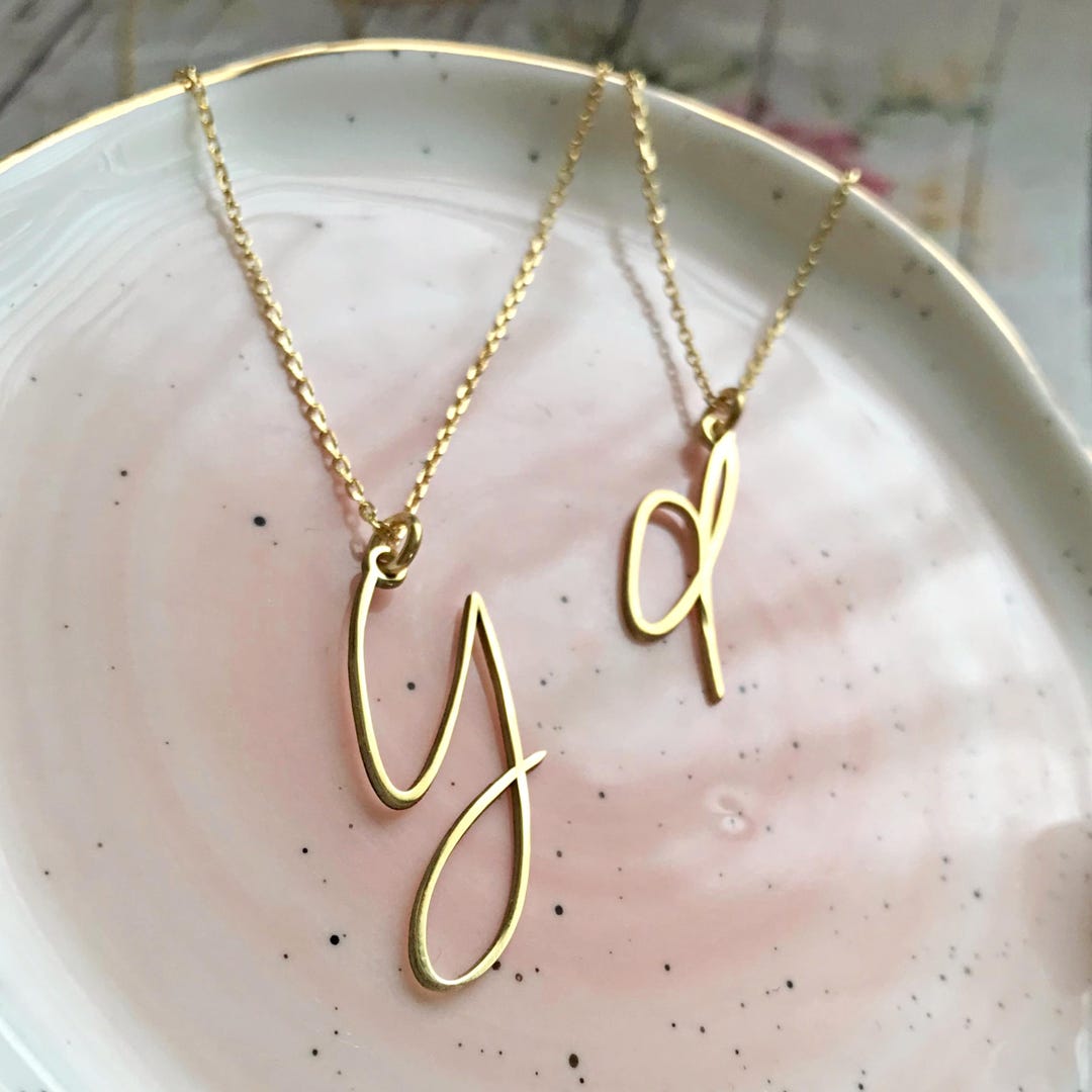 8K Solid Gold Oversized Script Initial Necklace: Personalized Letter ...
