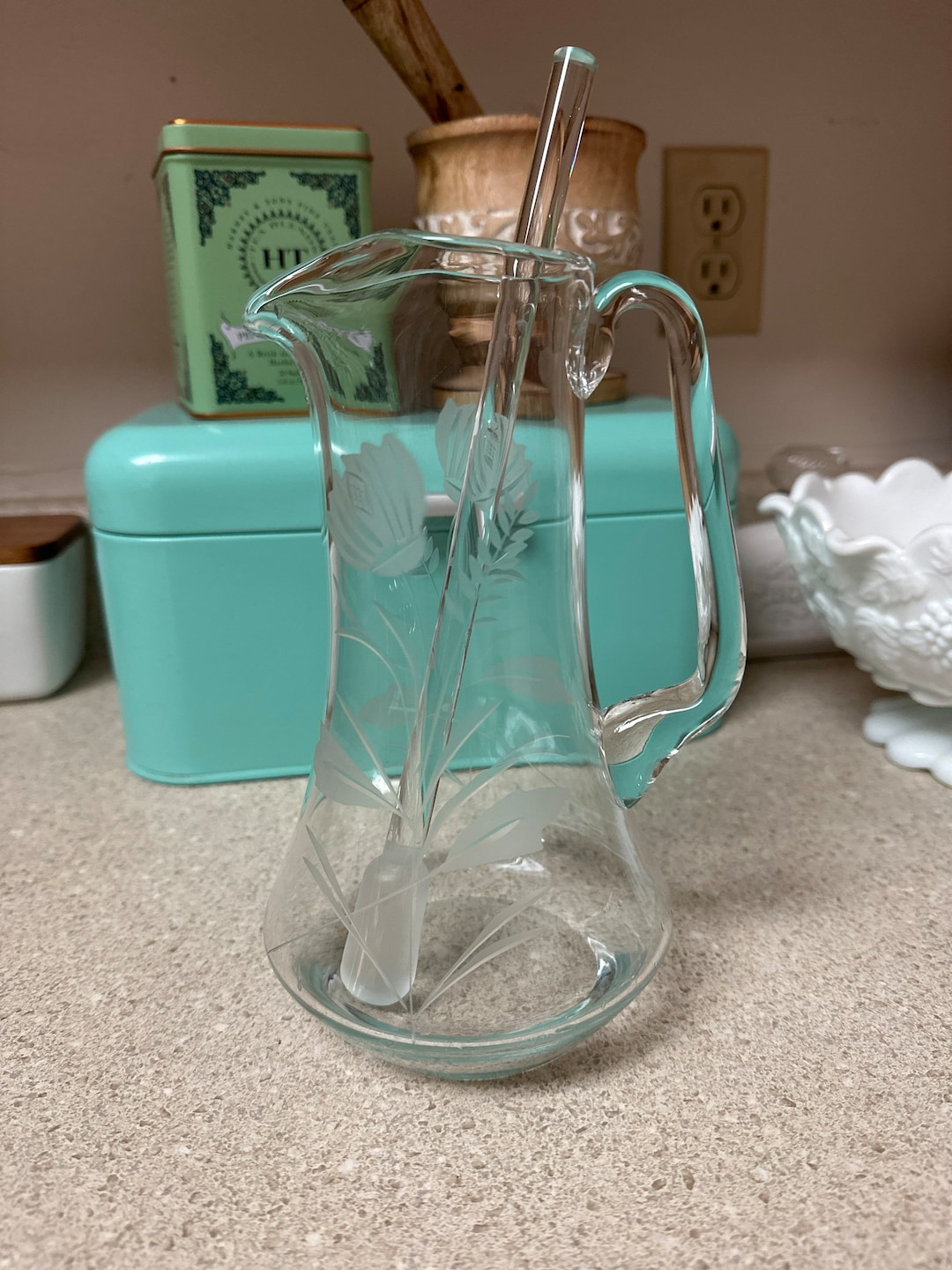 Vintage Etched Glass Pitcher With Stirrer - Etsy
